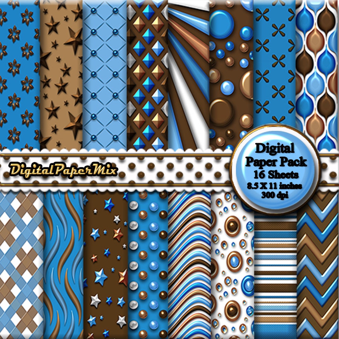 Blue Brown Digital Paper, Embossed Digital Paper, Printable Paper Pack ...