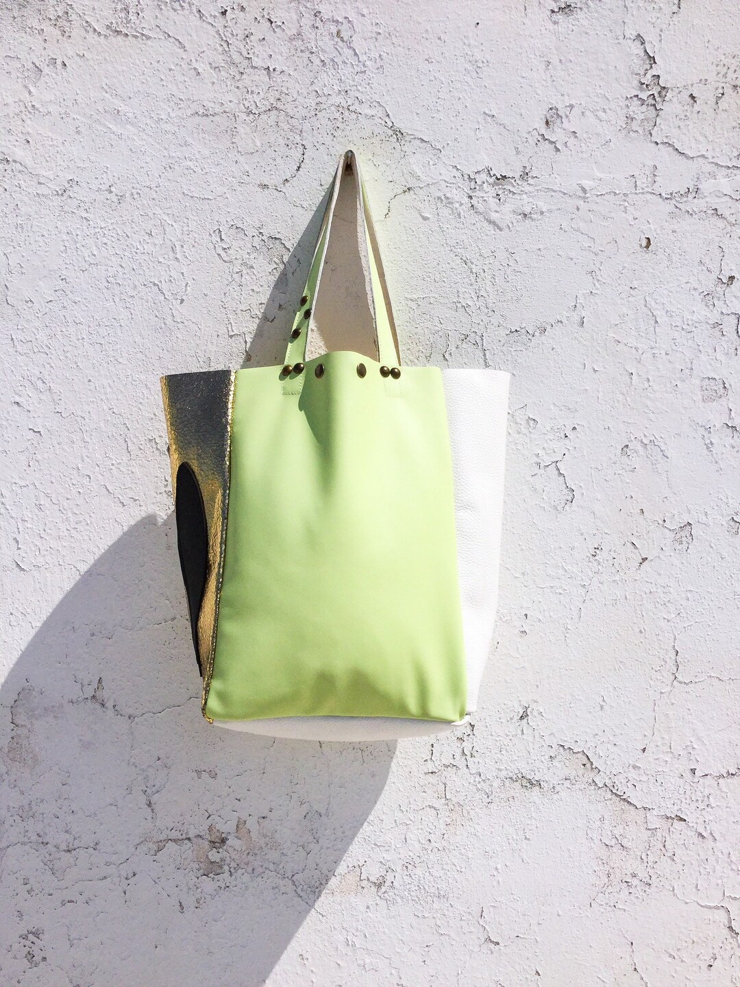 Lime Green Leather Tote Bag/lime, White & Gold Leather Tote/antique ...