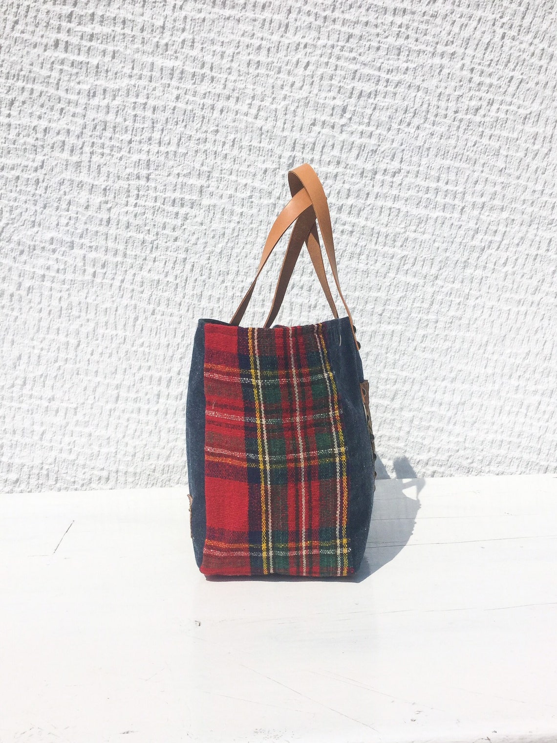 Oversized Denim Tote Bag/large Upcycled Denim and Plaid Fabric - Etsy