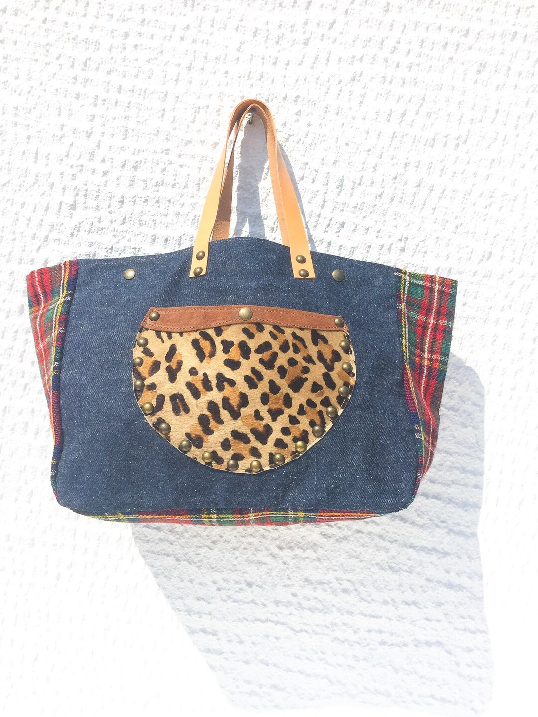 Oversized Denim Tote Bag/large Upcycled Denim and Plaid Fabric Tote ...
