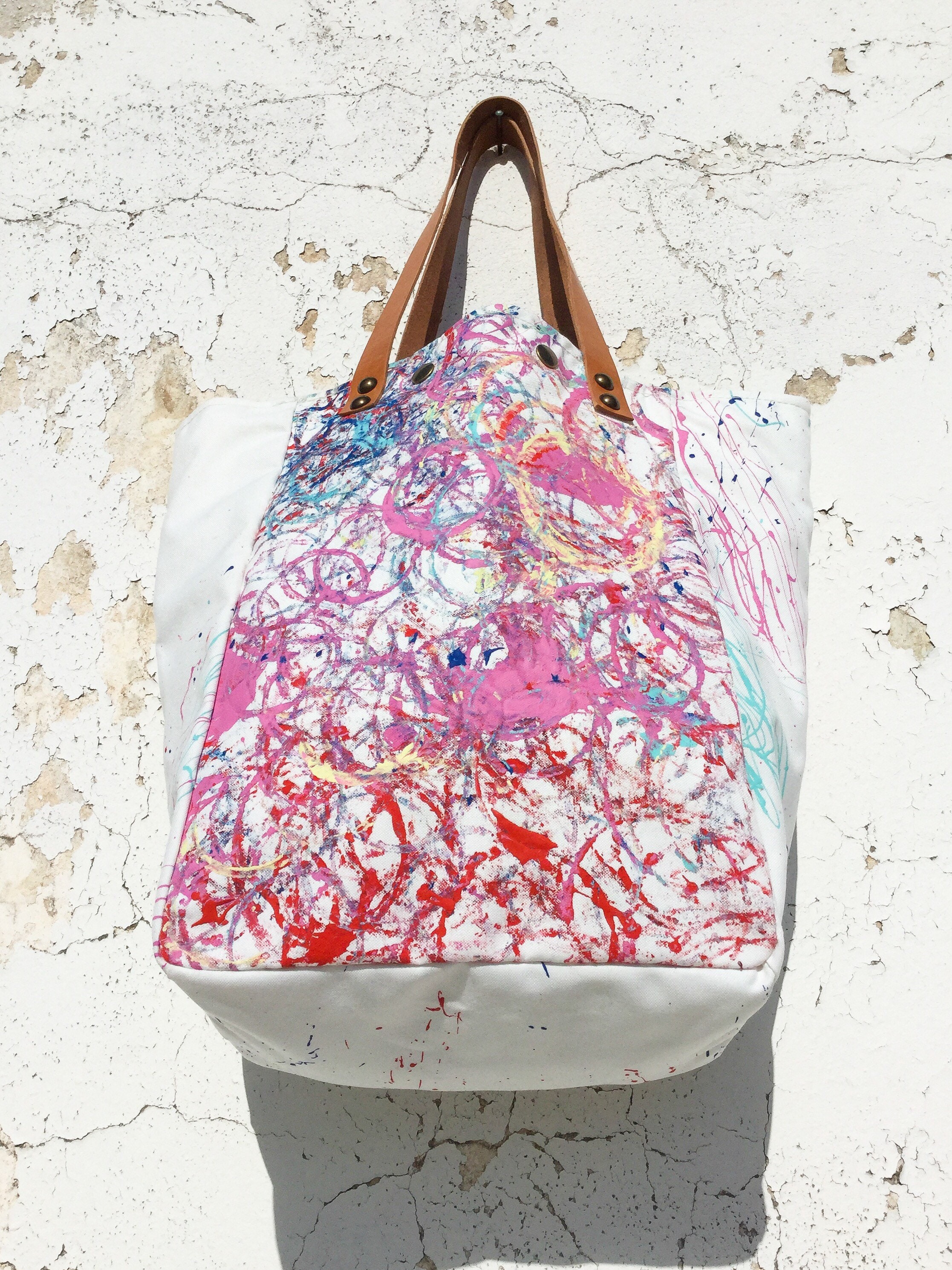 Hand Painted White Canvas Tote Bag/splatter Paint Canvas Tote Bag ...