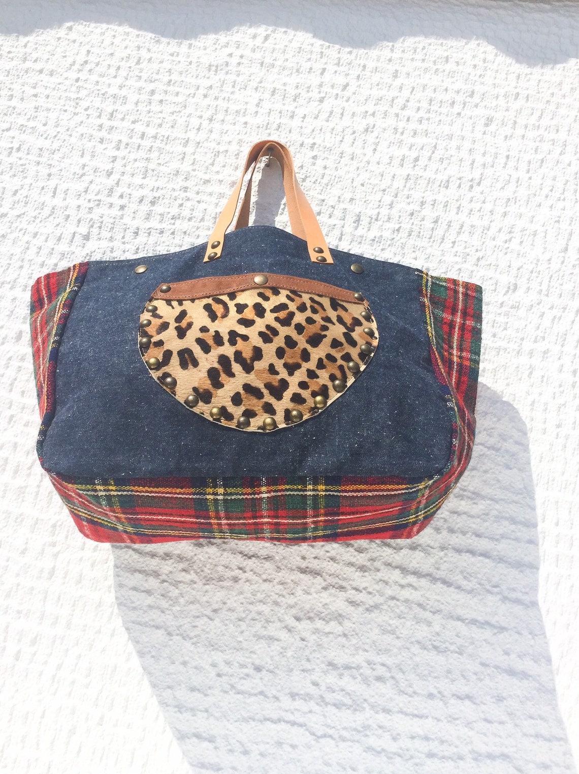 Oversized Denim Tote Bag/large Upcycled Denim and Plaid Fabric - Etsy
