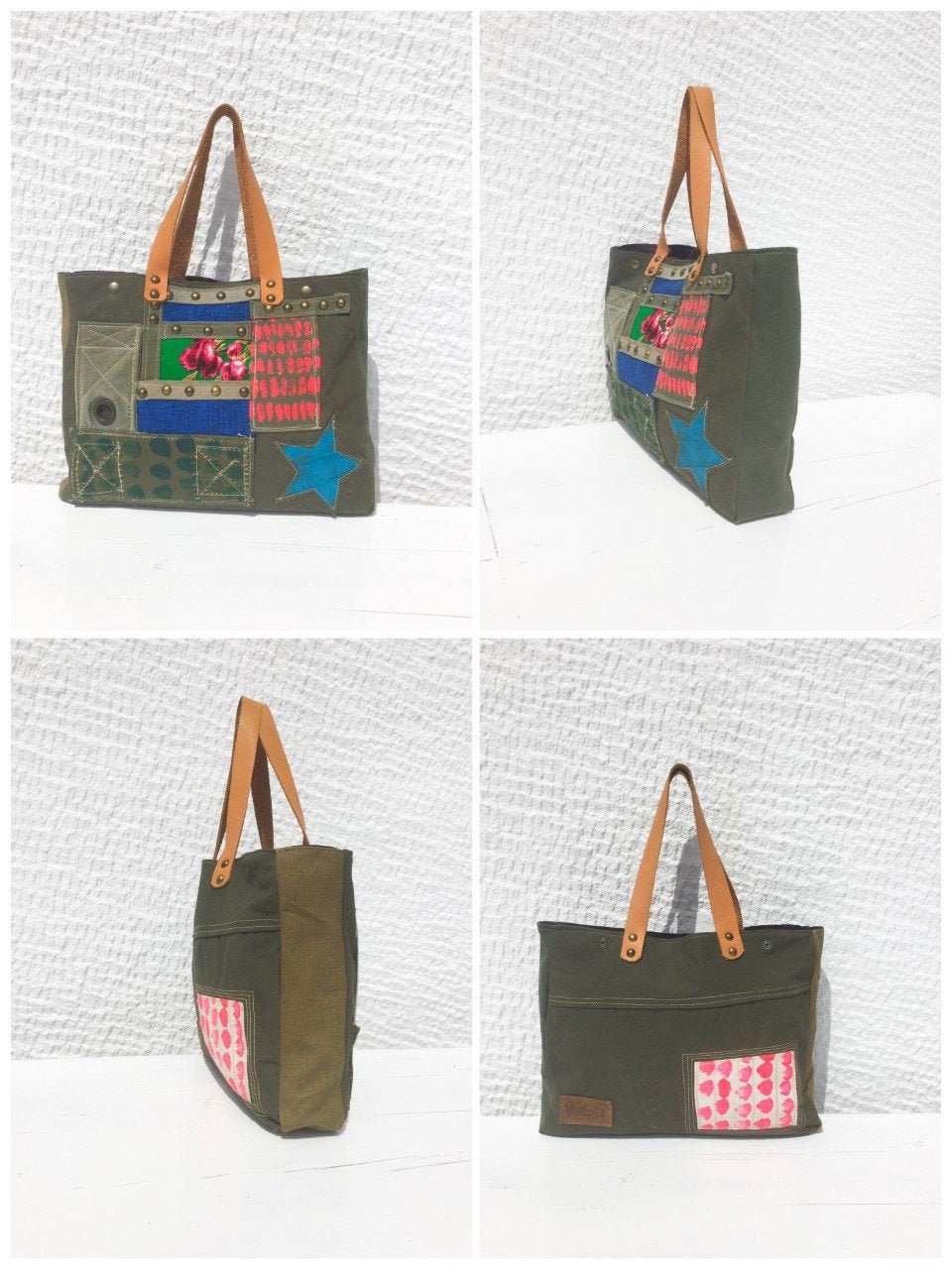 Military Canvas and Leather Tote Bag/ Upcycled Vintage Military Canvas ...