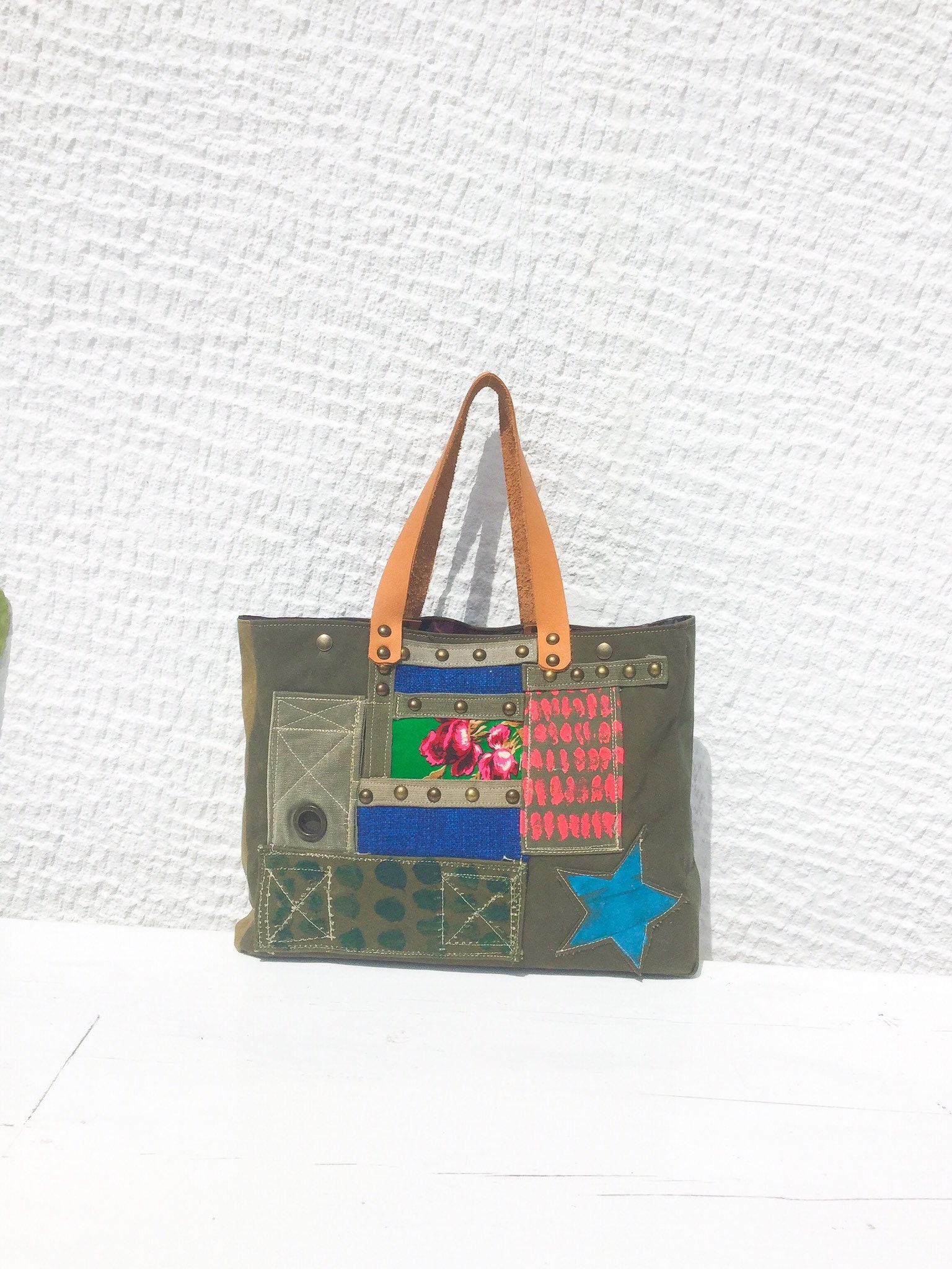Military Canvas and Leather Tote Bag/ Upcycled Vintage Military Canvas ...