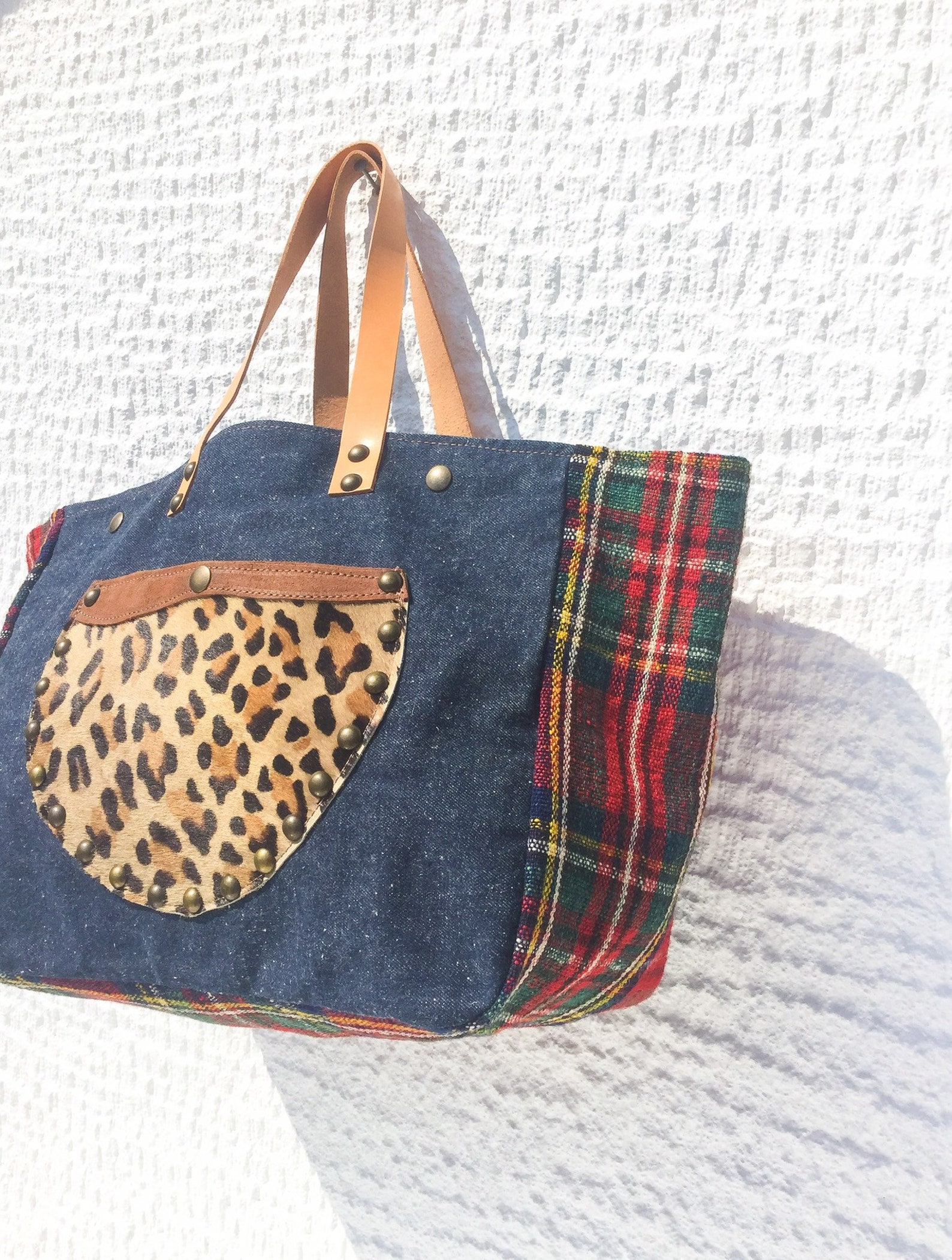 Oversized Denim Tote Bag/large Upcycled Denim and Plaid Fabric - Etsy