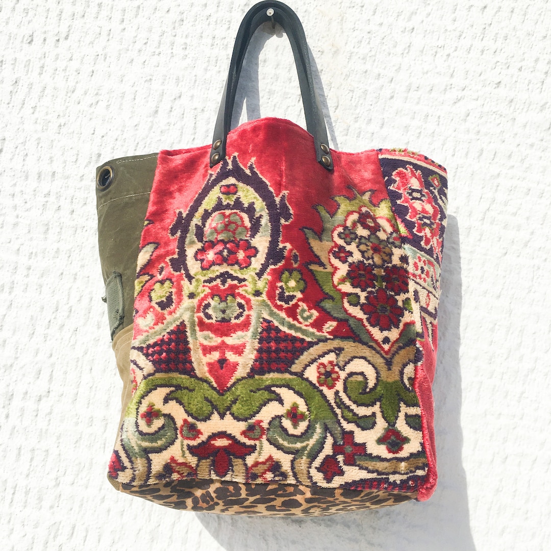 Tapestry Tote Bag/upcycled Vintage Floral Tapestry and Military Canvas ...