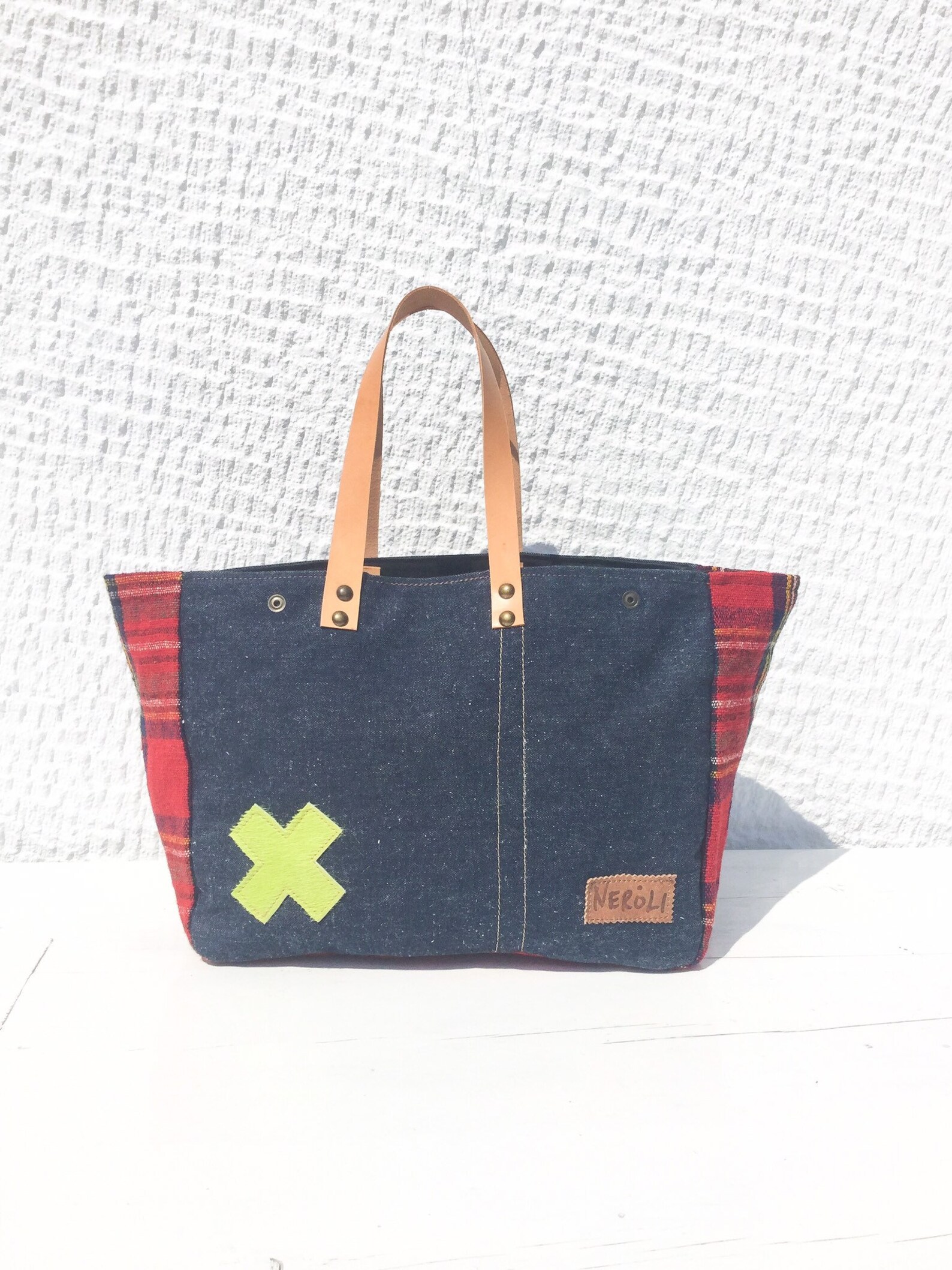 Oversized Denim Tote Bag/large Upcycled Denim and Plaid Fabric - Etsy