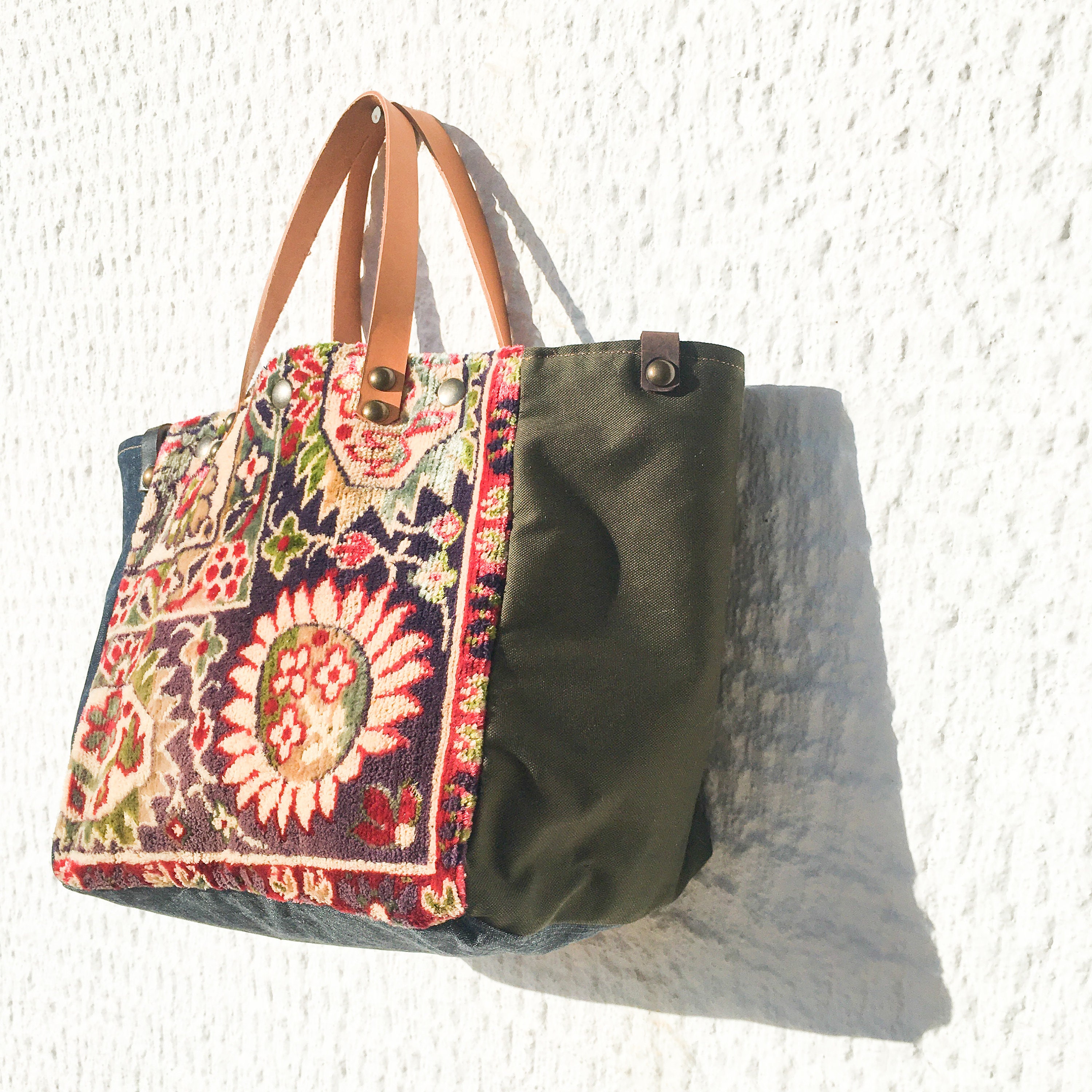 Small Tapestry Tote Bag/upcycled Vintage Velvet Tapestry and Military ...