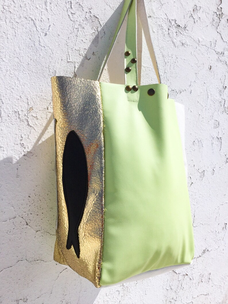 Lime Green Leather Tote Bag/lime, White & Gold Leather Tote/antique ...
