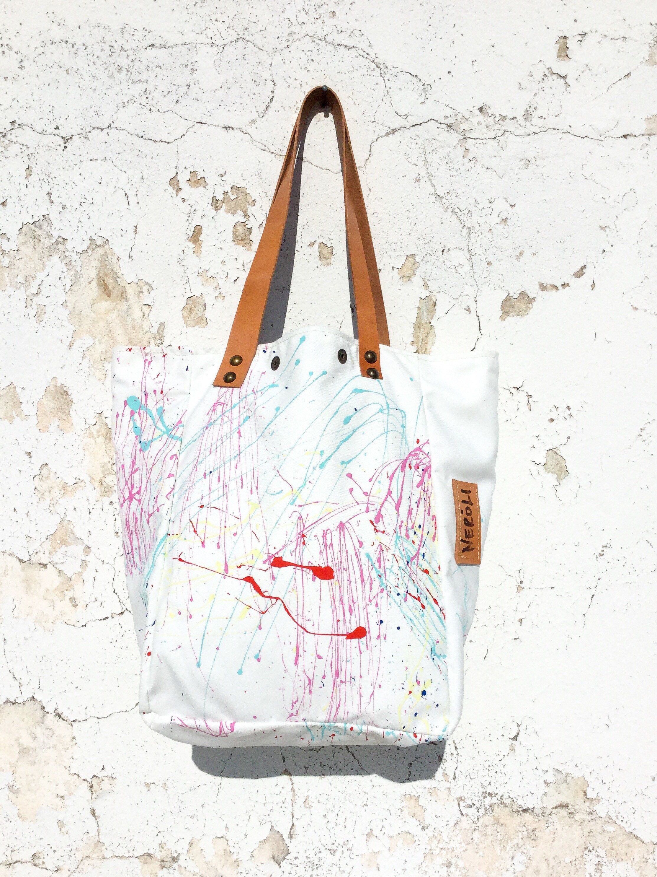Hand Painted White Canvas Tote Bag/splatter Paint Canvas Tote Bag ...
