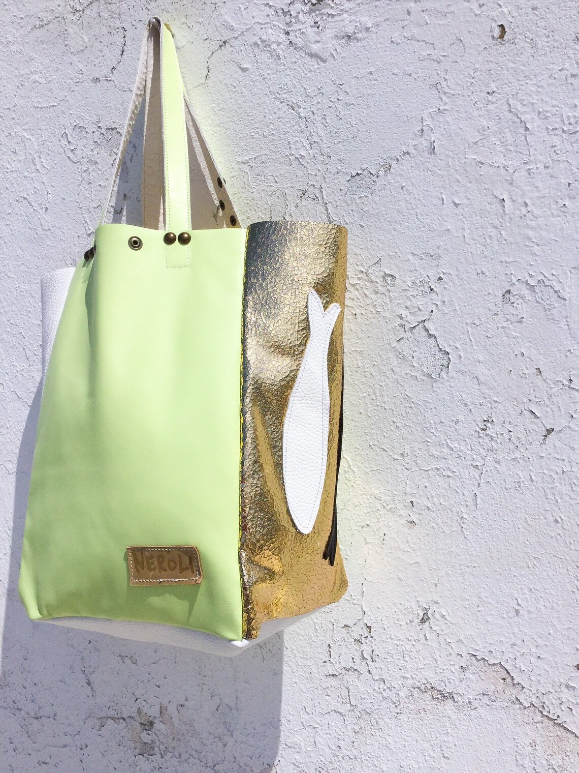 Lime Green Leather Tote Bag/lime, White & Gold Leather Tote/antique ...