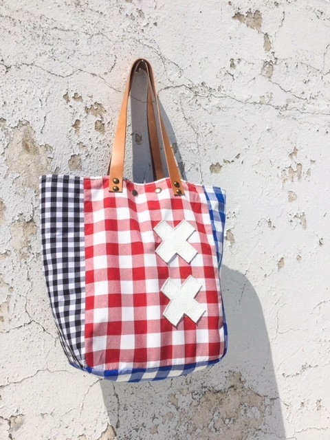 Check Fabric and Leather Tote Bag/red Blue & Black Check - Etsy