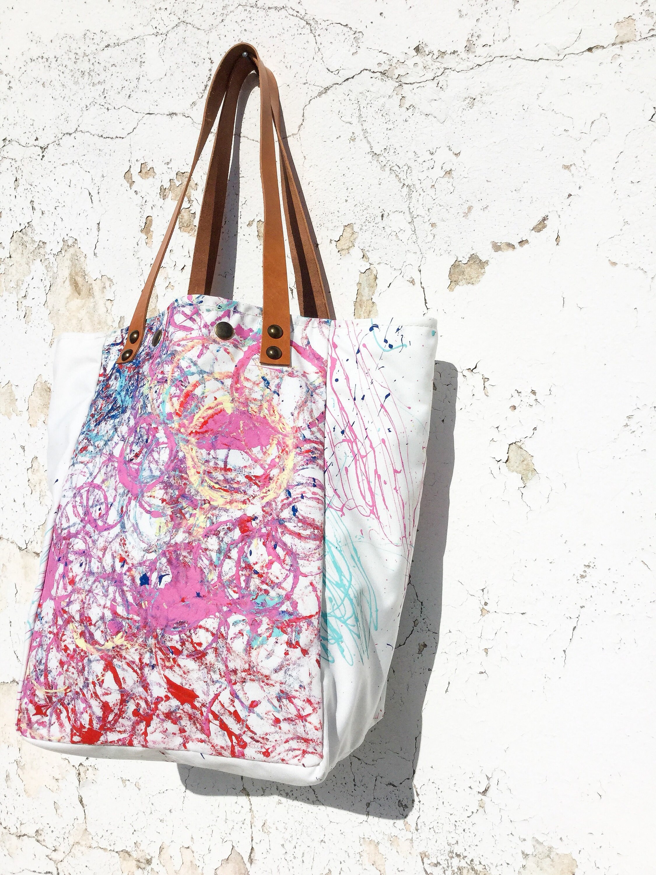 Hand Painted White Canvas Tote Bag/splatter Paint Canvas Tote Bag ...