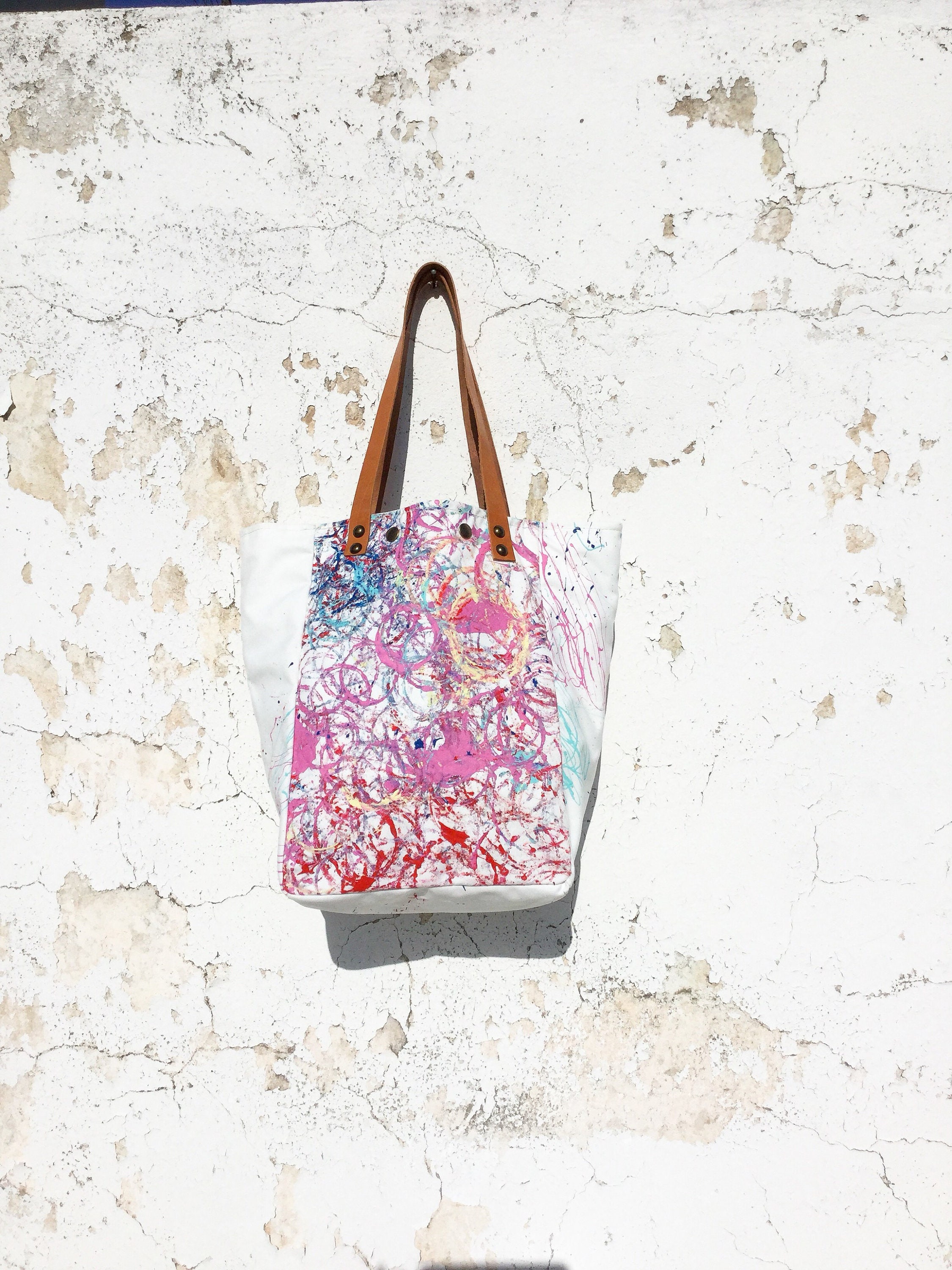 Hand Painted White Canvas Tote Bag/splatter Paint Canvas Tote Bag ...