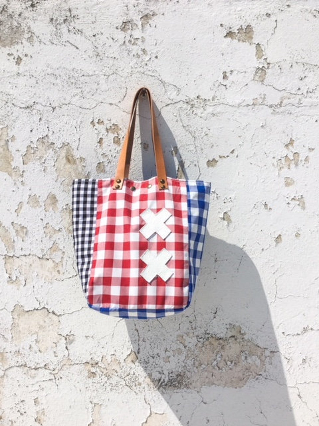 Check Fabric and Leather Tote Bag/red Blue & Black Check - Etsy