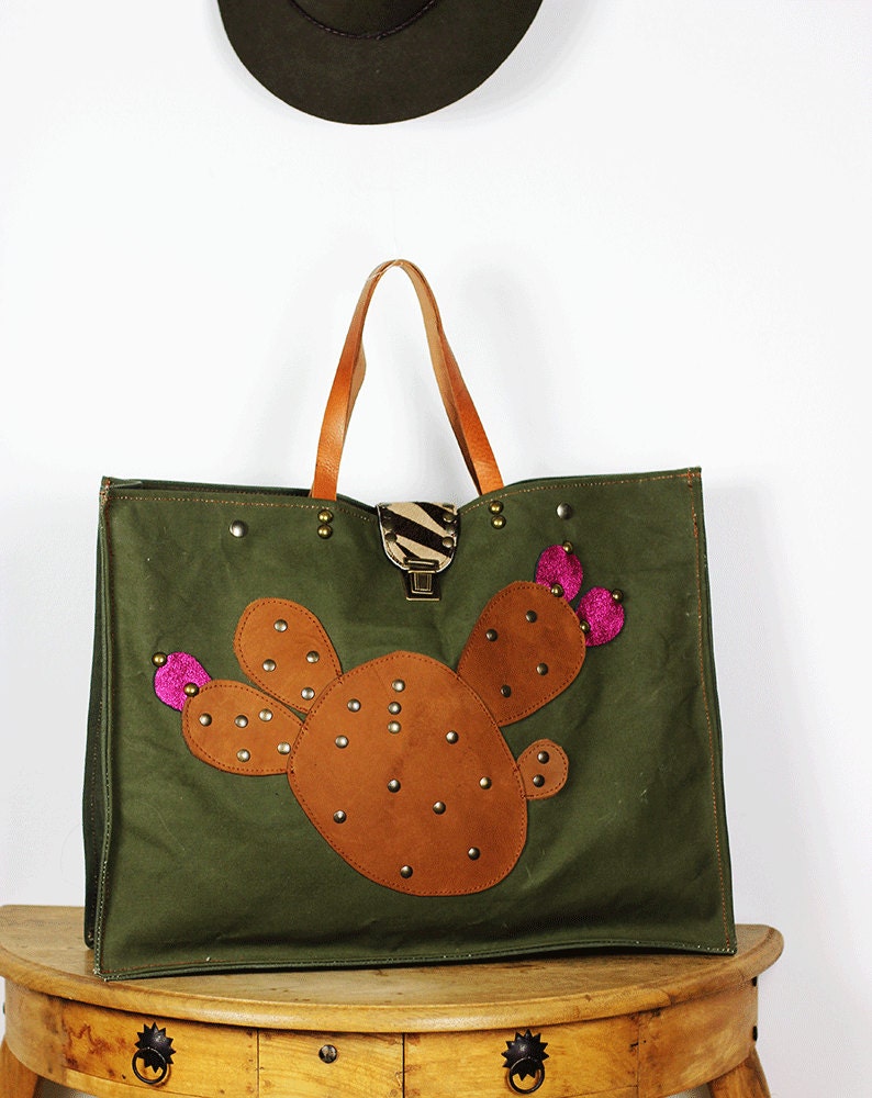 Oversized Tote Bag Canvas & Leather/ Weekender Bag/military Canvas ...