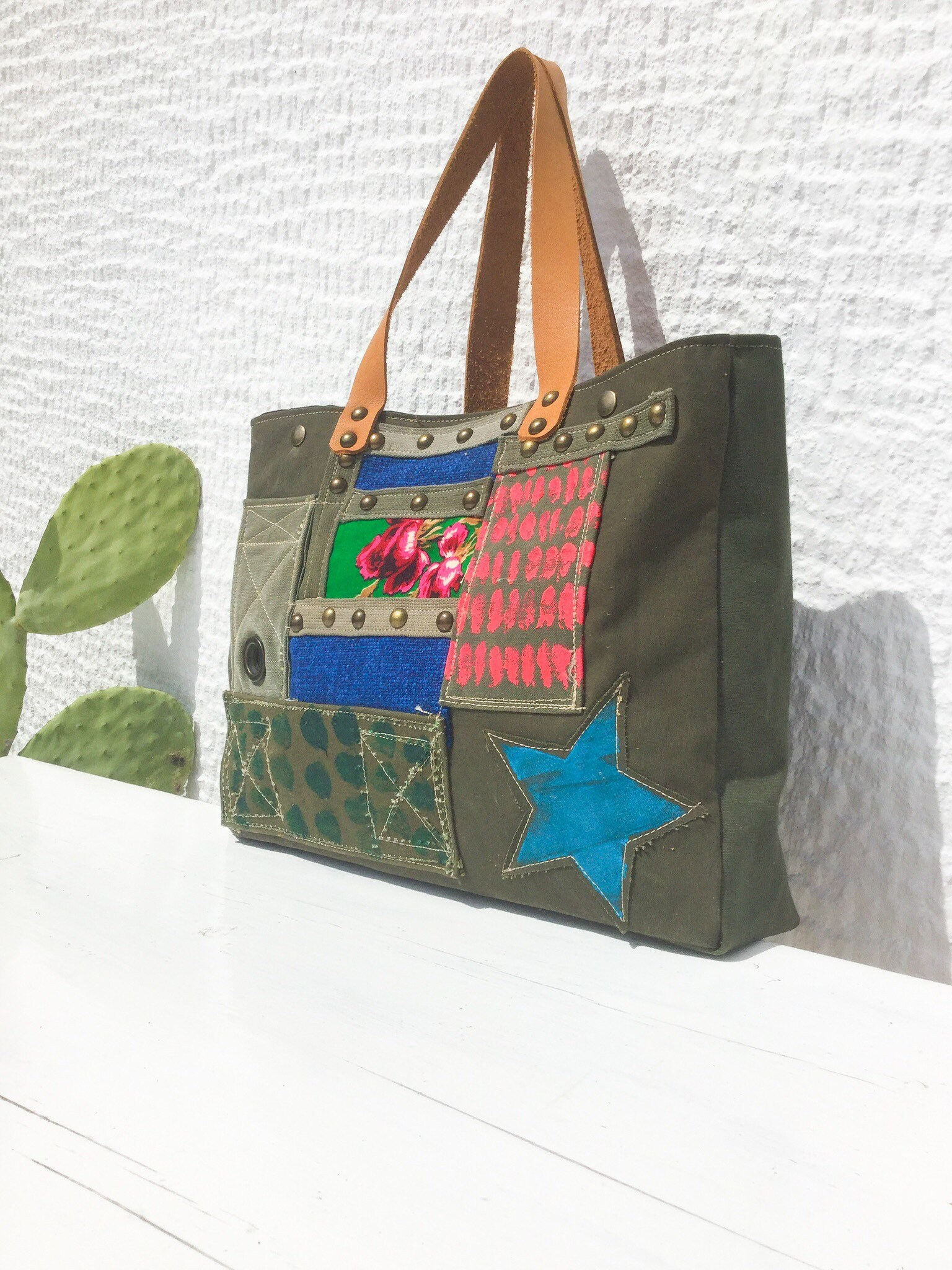 Military Canvas and Leather Tote Bag/ Upcycled Vintage Military Canvas ...