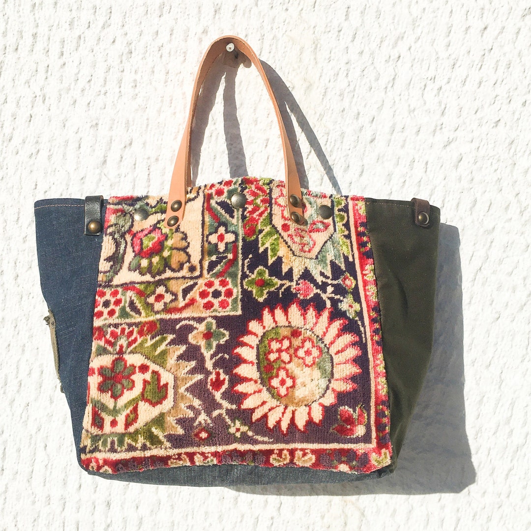 Small Tapestry Tote Bag/upcycled Vintage Velvet Tapestry and Military ...