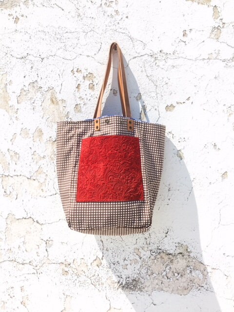 Check Fabric and Leather Tote Bag/red Blue & Black Check - Etsy