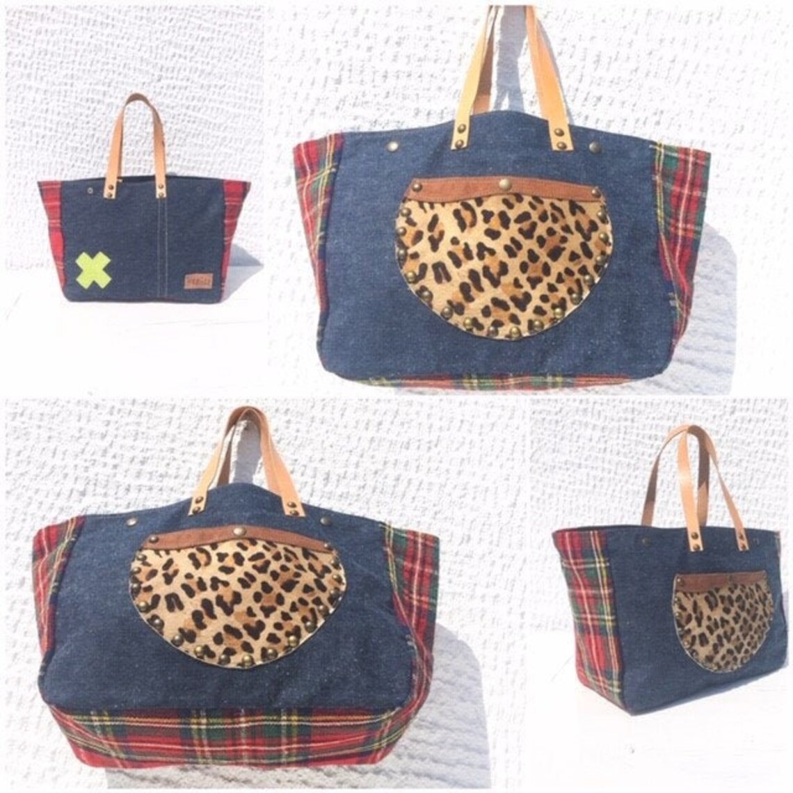 Oversized Denim Tote Bag/large Upcycled Denim and Plaid Fabric - Etsy