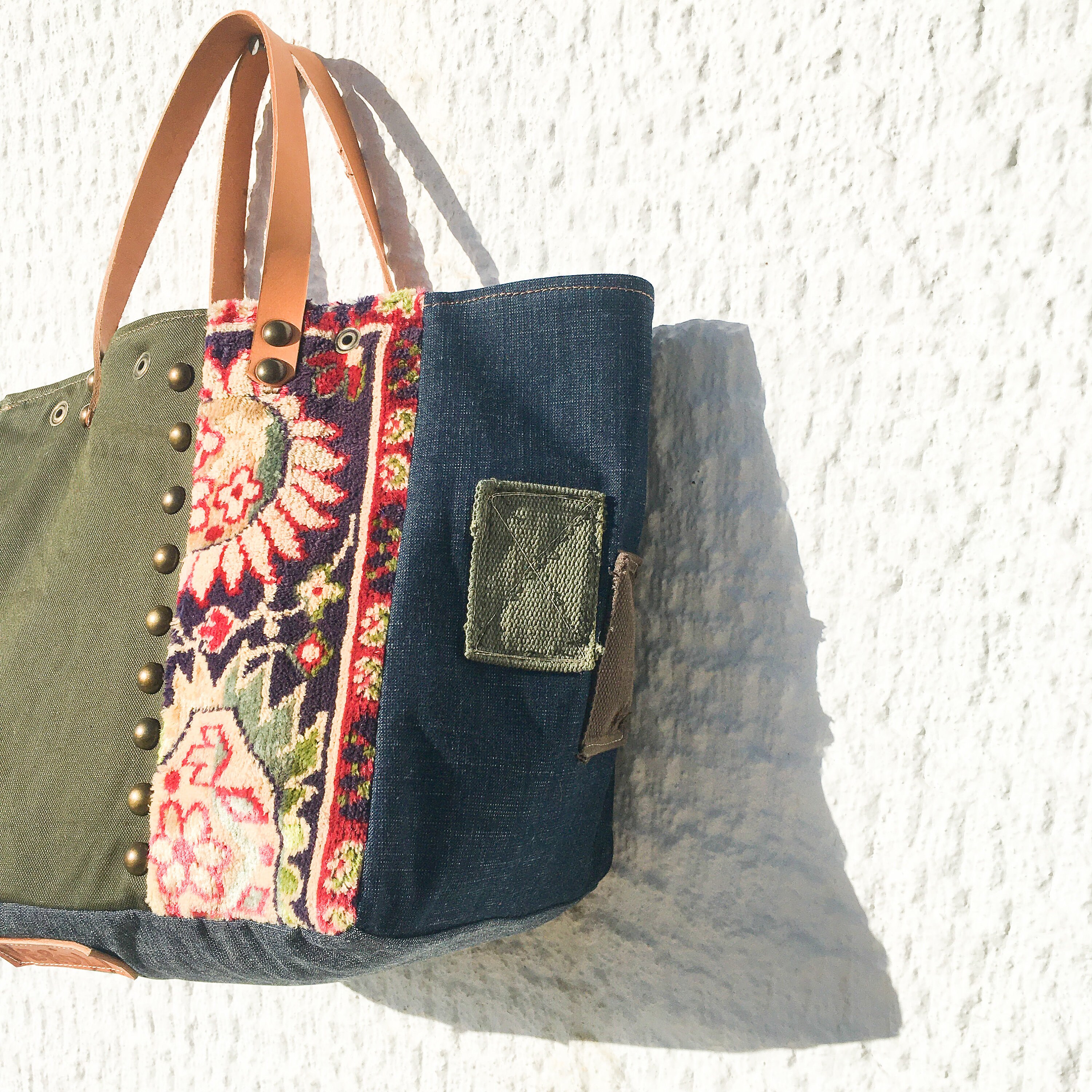 Small Tapestry Tote Bag/upcycled Vintage Velvet Tapestry and Military ...