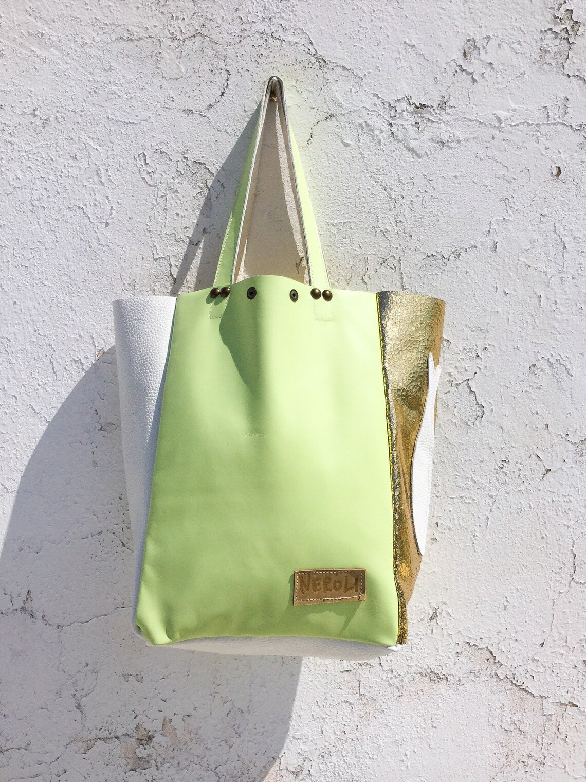 Lime Green Leather Tote Bag/lime, White & Gold Leather Tote/antique ...