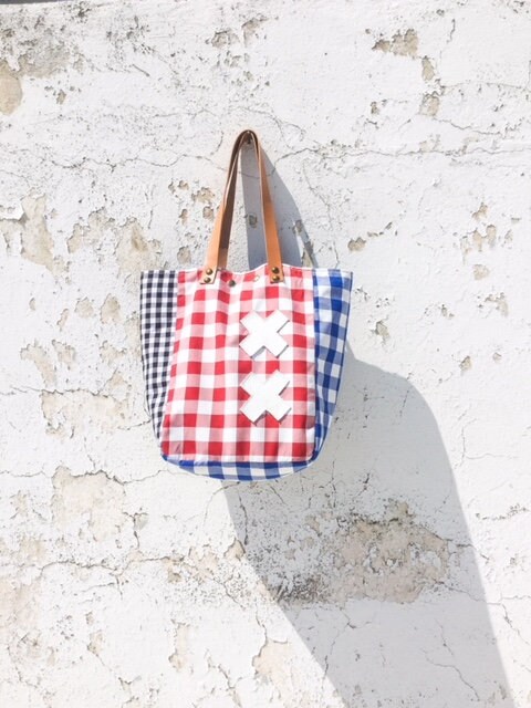Check Fabric and Leather Tote Bag/red Blue & Black Check - Etsy