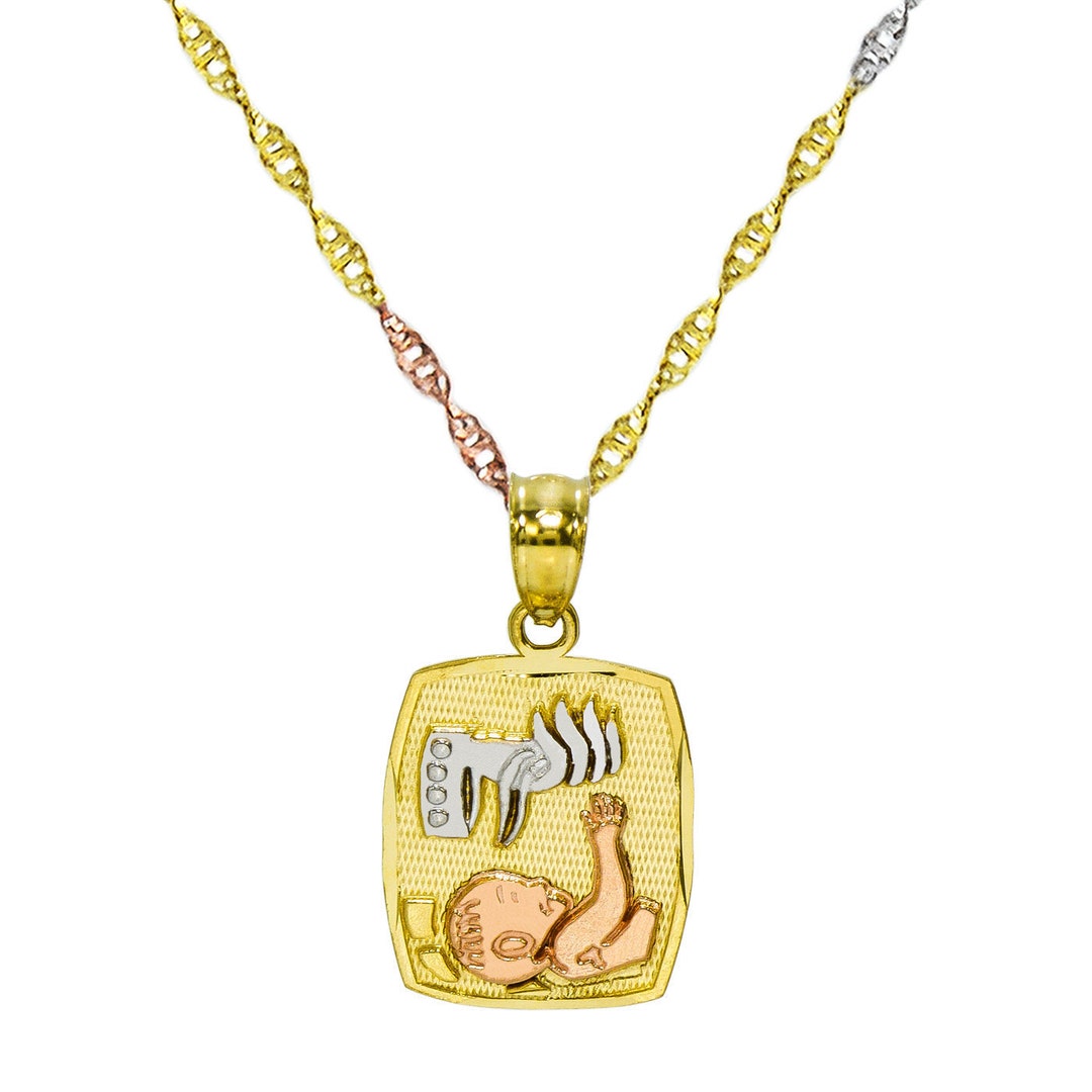14K Tri-color Gold Bautizo Baptism Cushion Pendant Necklace - Etsy