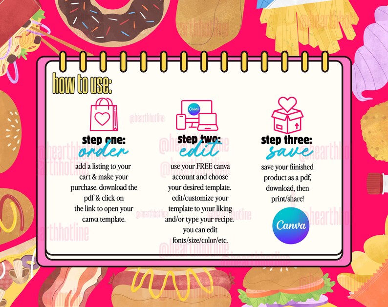 Bold Recipe Card Template | Hot Pink Red, Editable Write-in (digital ...