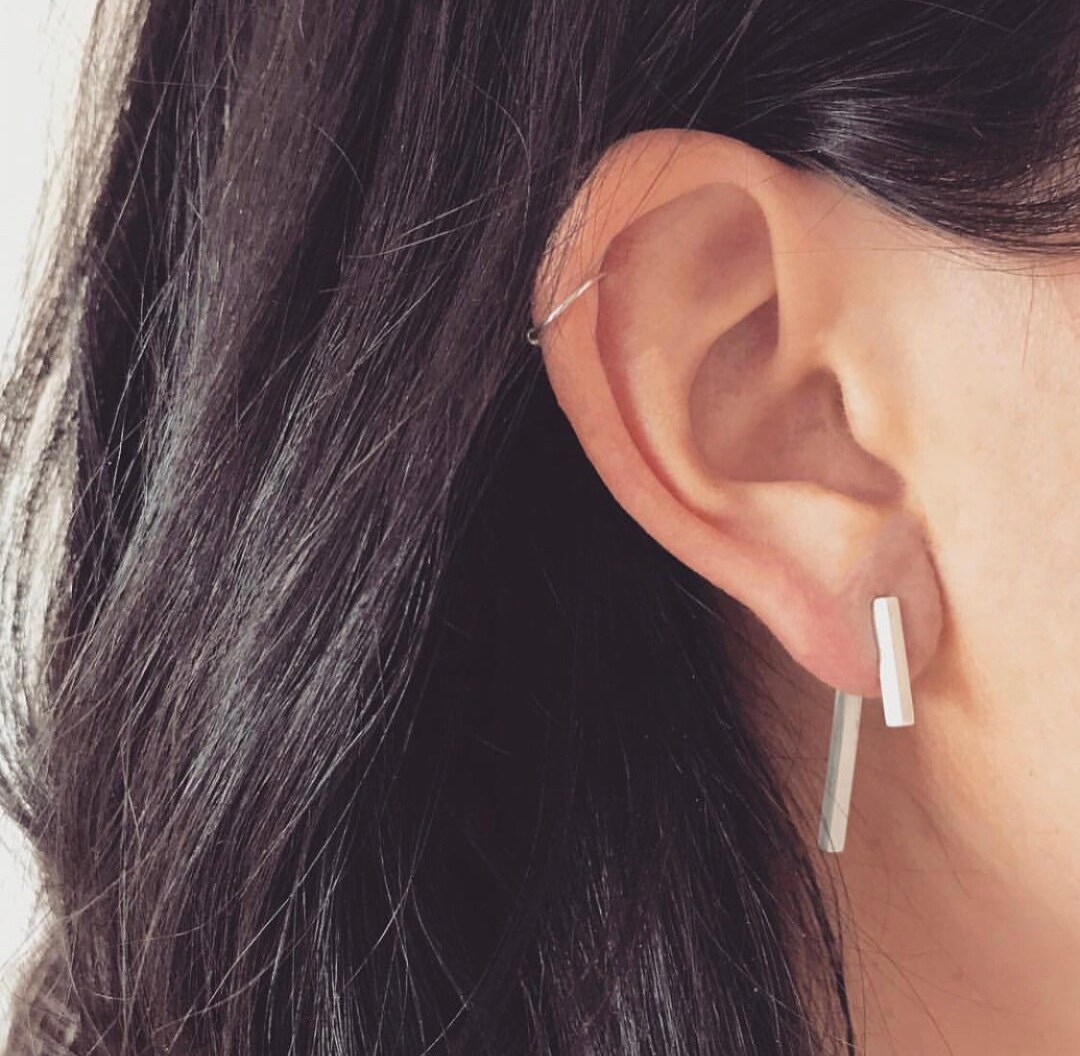 Ear Jacket Front and Back Line Bar Earrings Stud Sterling Silver Studs ...