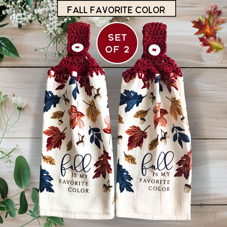 Fall Leaves Kitchen Towels, Set of 2 Crochet Top Hanging Towel, Oven ...