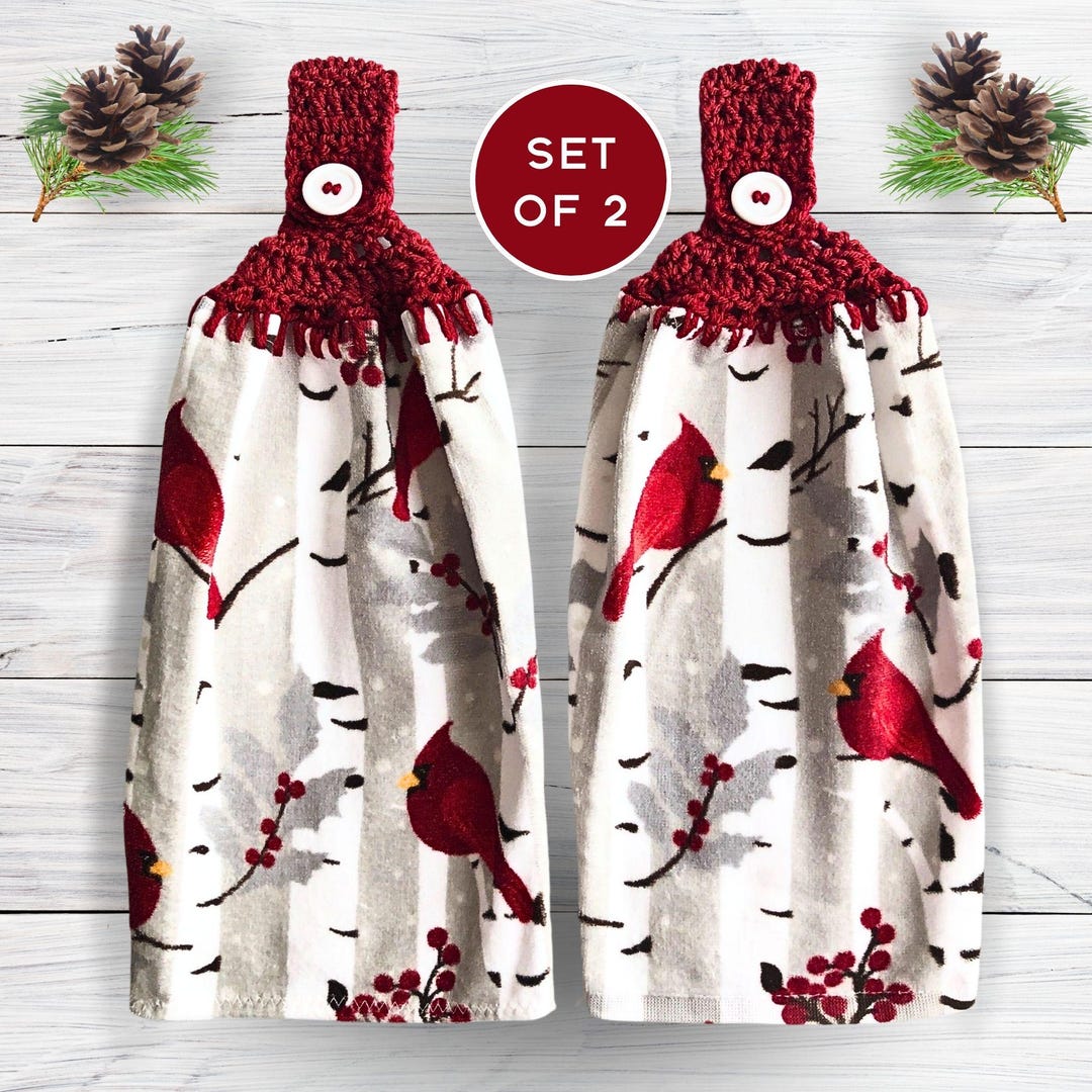 Cardinal Kitchen Towel Crochet Hanging Towel Set of 2 Christmas Kitchen ...