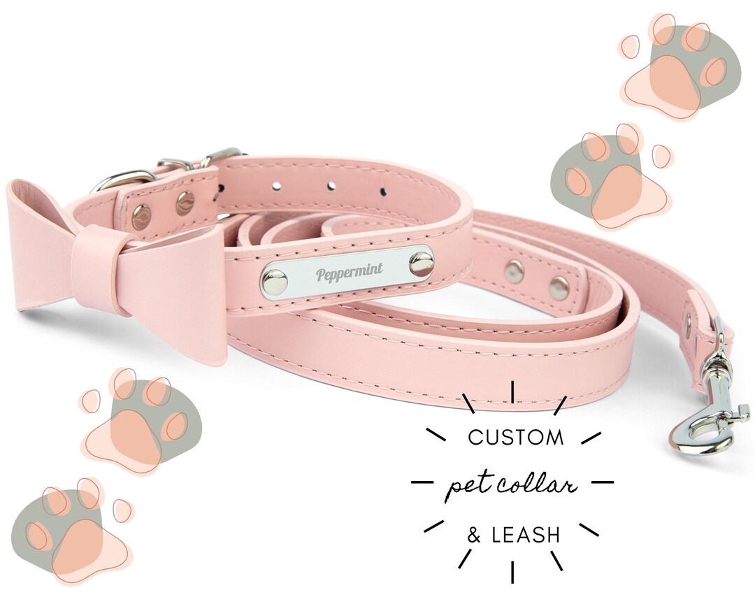 Custom Pink Bow Pet Collar & Leash – Personalized Vegan Leather Dog ...