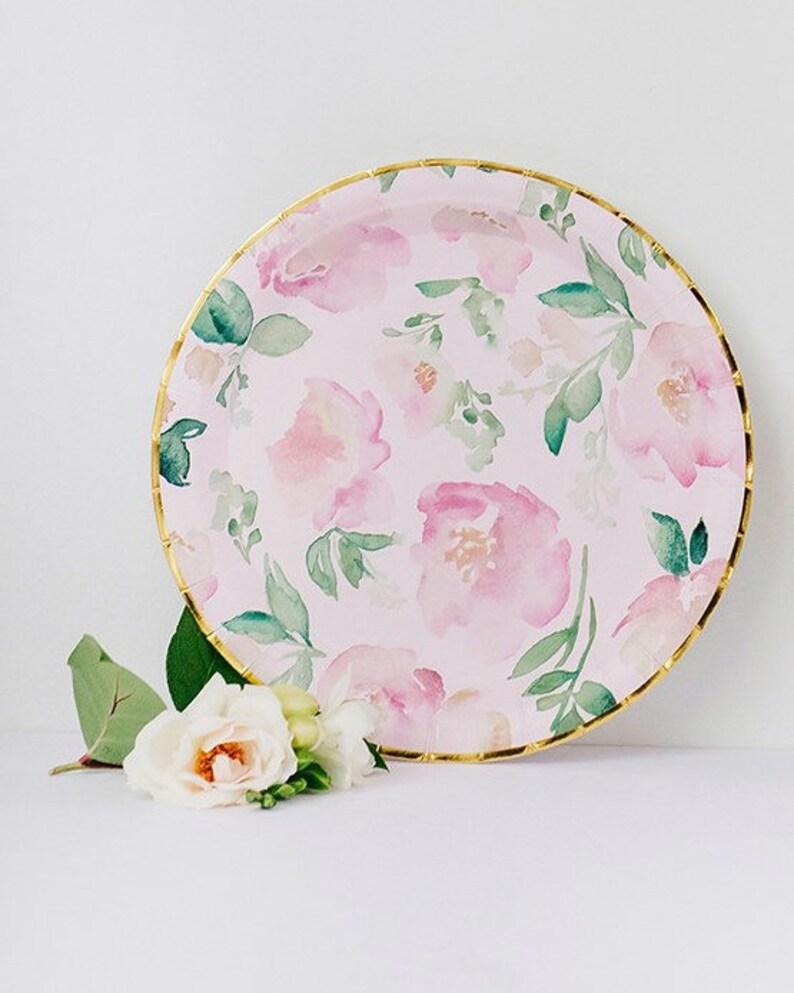 8 Piece Pink and Gold Floral Disposable Party Plates Pink - Etsy