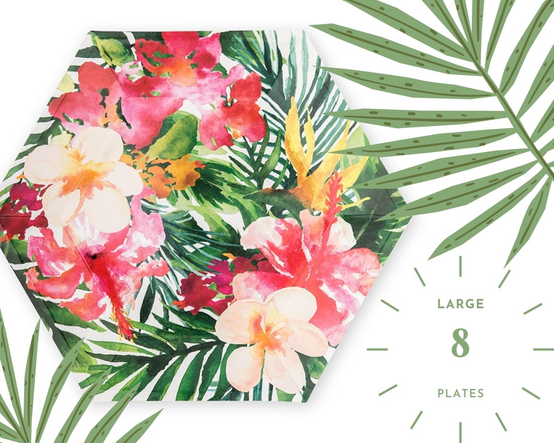 8 Piece Tropical Disposable Party Plates - Hexagon Paper Plates ...