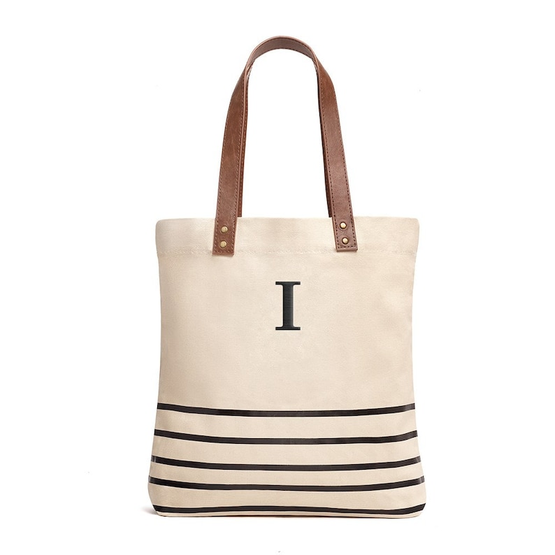 Striped Print Tote Bag - Initial Embroidered Reusable Bag - Reusable ...