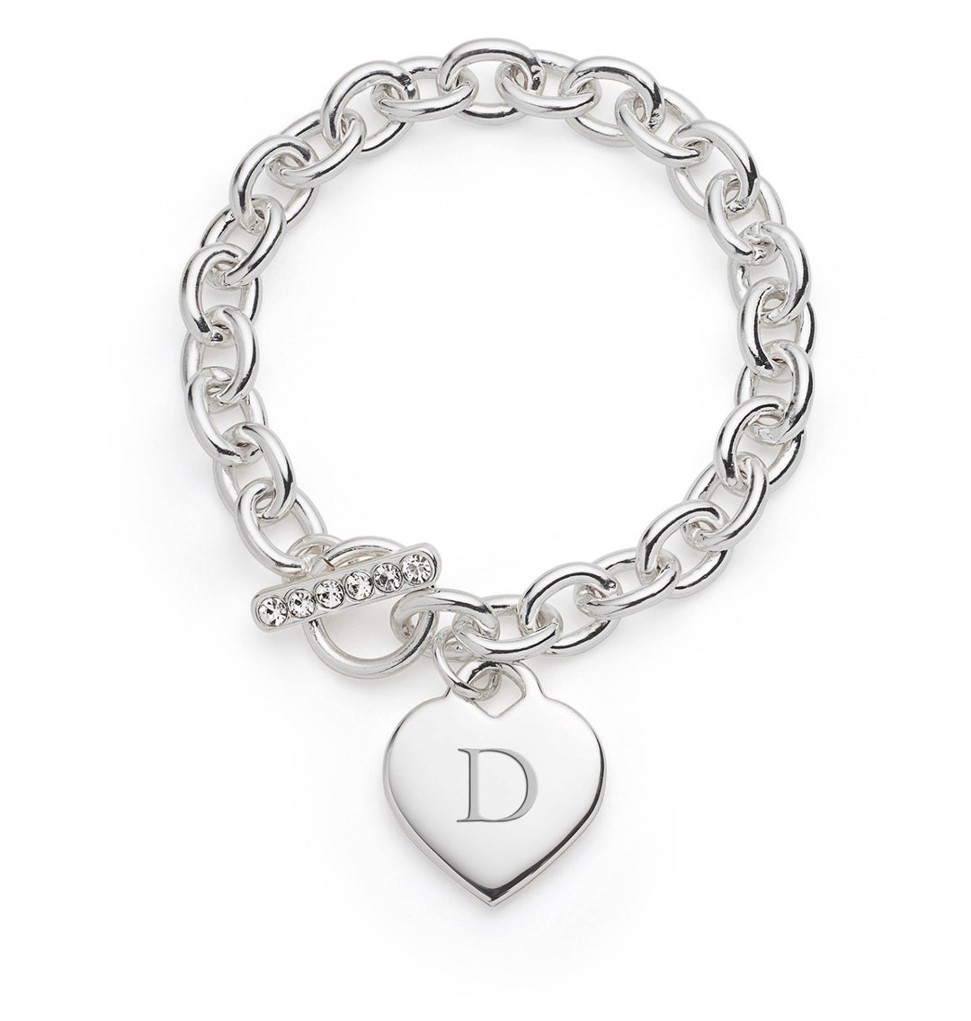 Charm Bracelet - Engraved Charm Bracelet - Heart Link Charm Bracelet ...