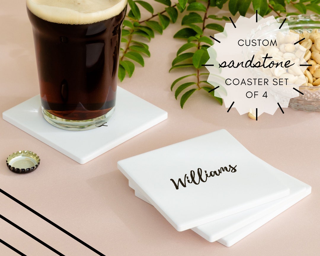 Custom Name 4 Piece Square Coaster Set - Script in Gold or Black ...