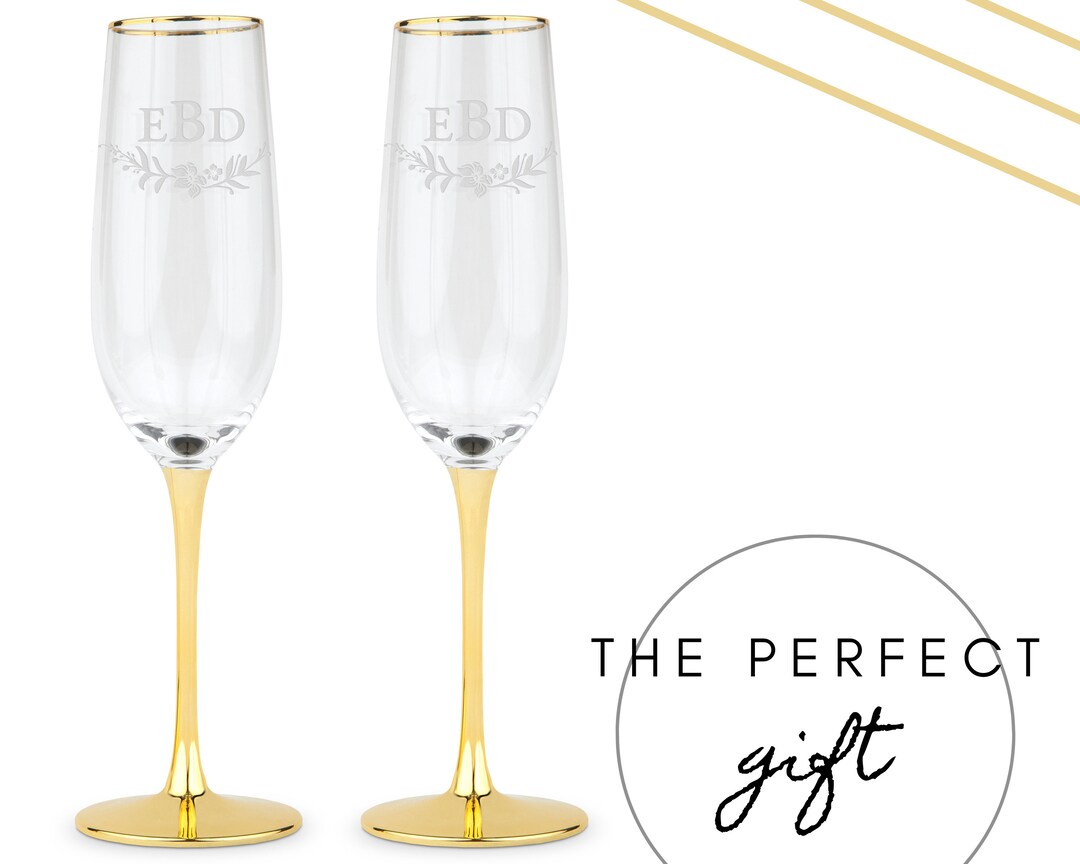 Engraved Monogram Champagne Flutes - Gifts for the Couple - Gold Rim ...