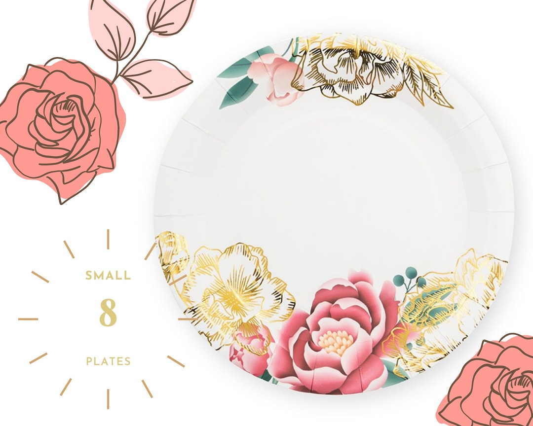 Floral Disposable Party Plates - 8 Small Plates - Pink and Gold Floral ...