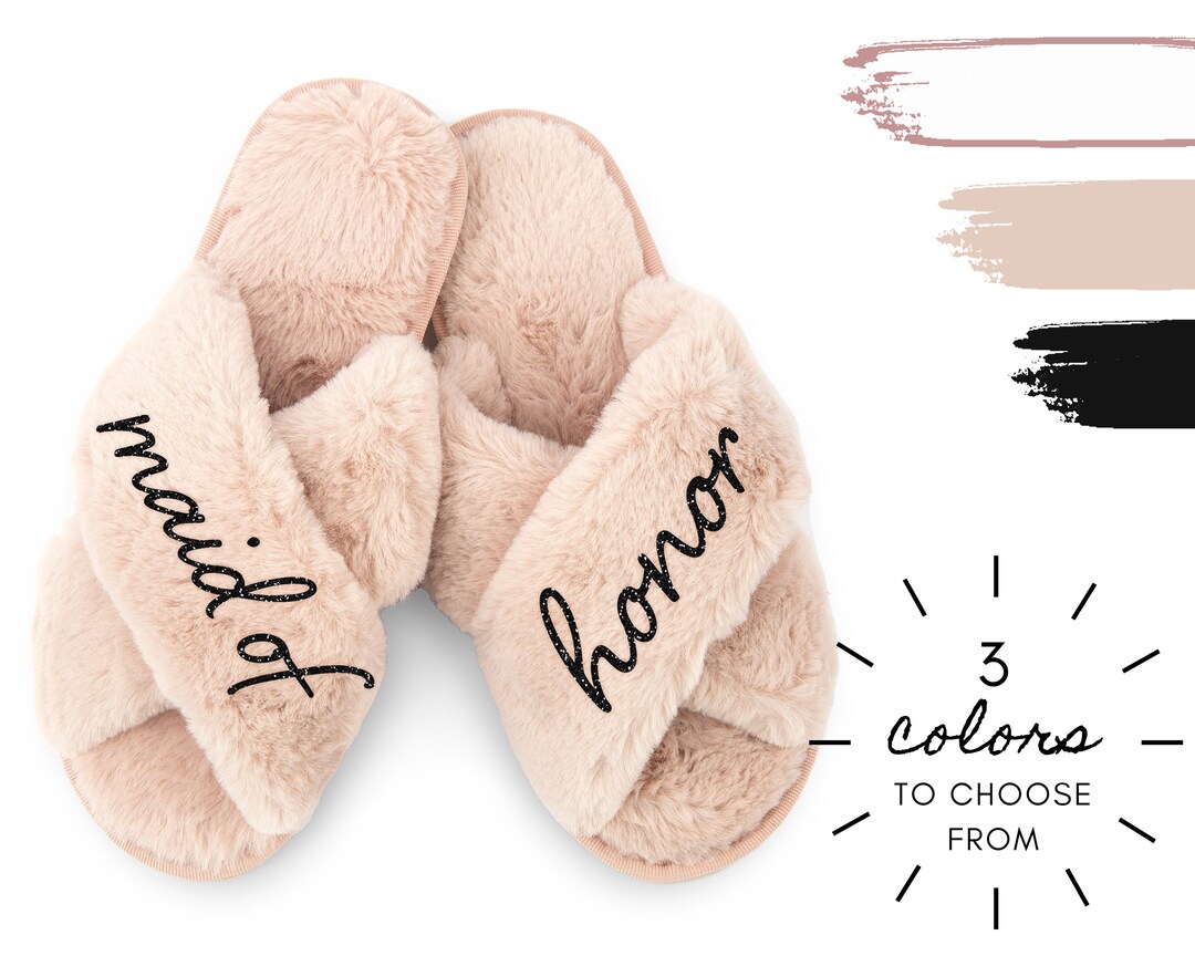 Maid of Honor Fuzzy Slide Slippers - Bridal Party Fuzzy Slippers - Bachelorette Slippers ...