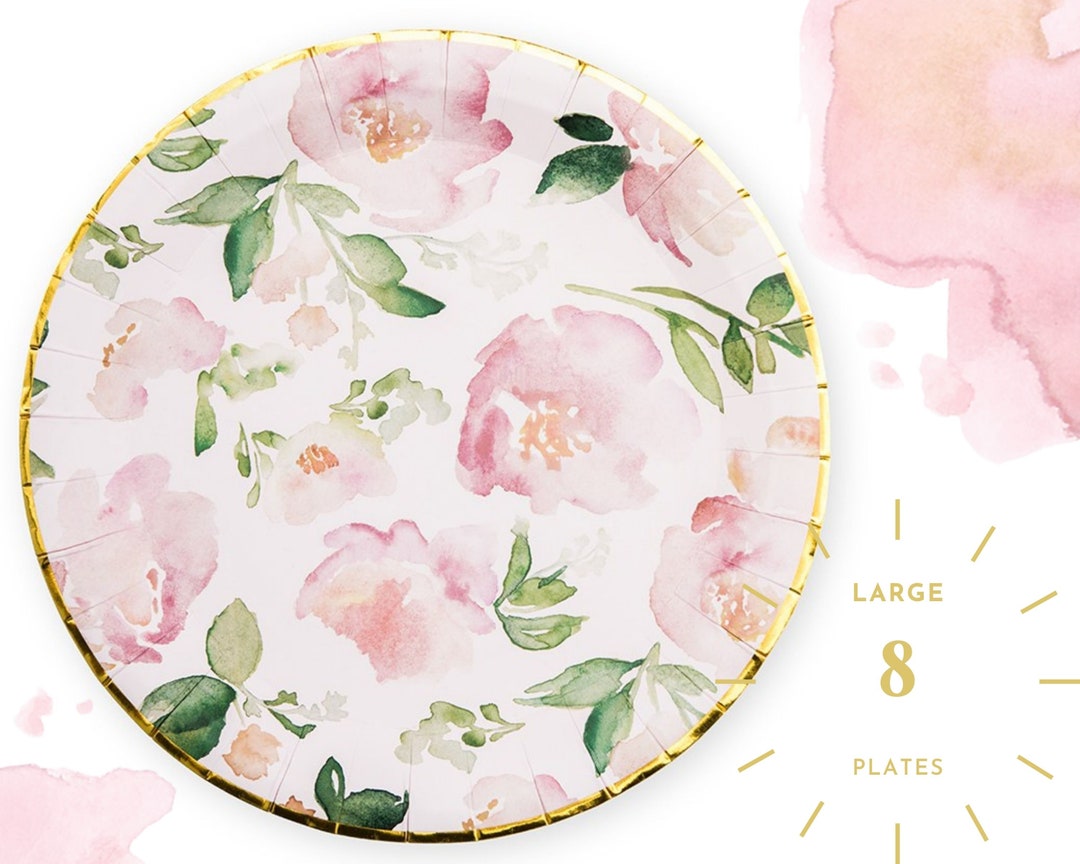 8 Piece Pink and Gold Floral Disposable Party Plates Pink Floral Paper ...