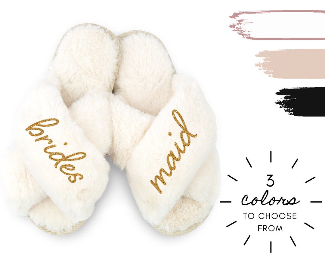 Bridesmaid Fuzzy Slide Slippers in White, Black or Pink - Fuzzy Cross ...