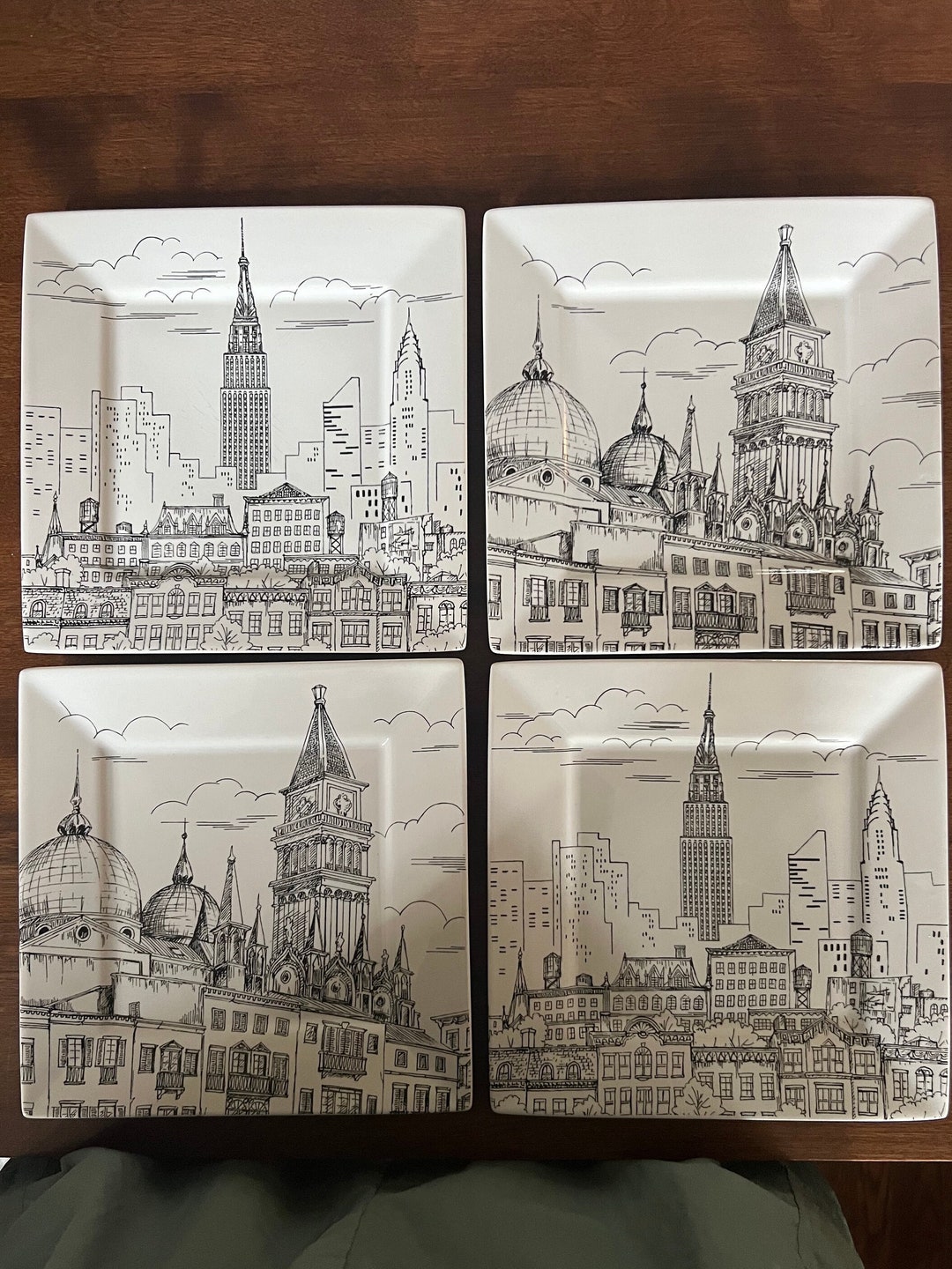 222 Fifth City Scapes Salad Plates- Black and White -8 Inch Square ...