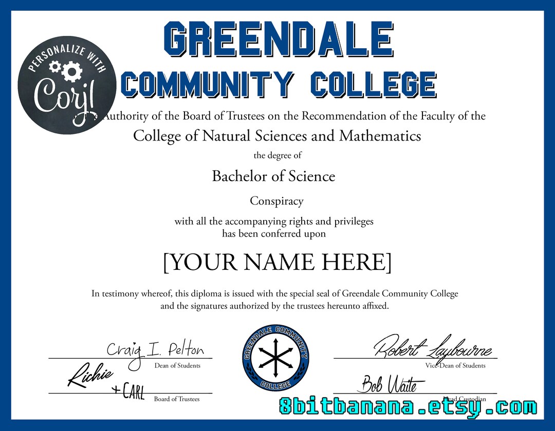 Greendale Community College Diploma - Editable TV Show Gift (digital ...