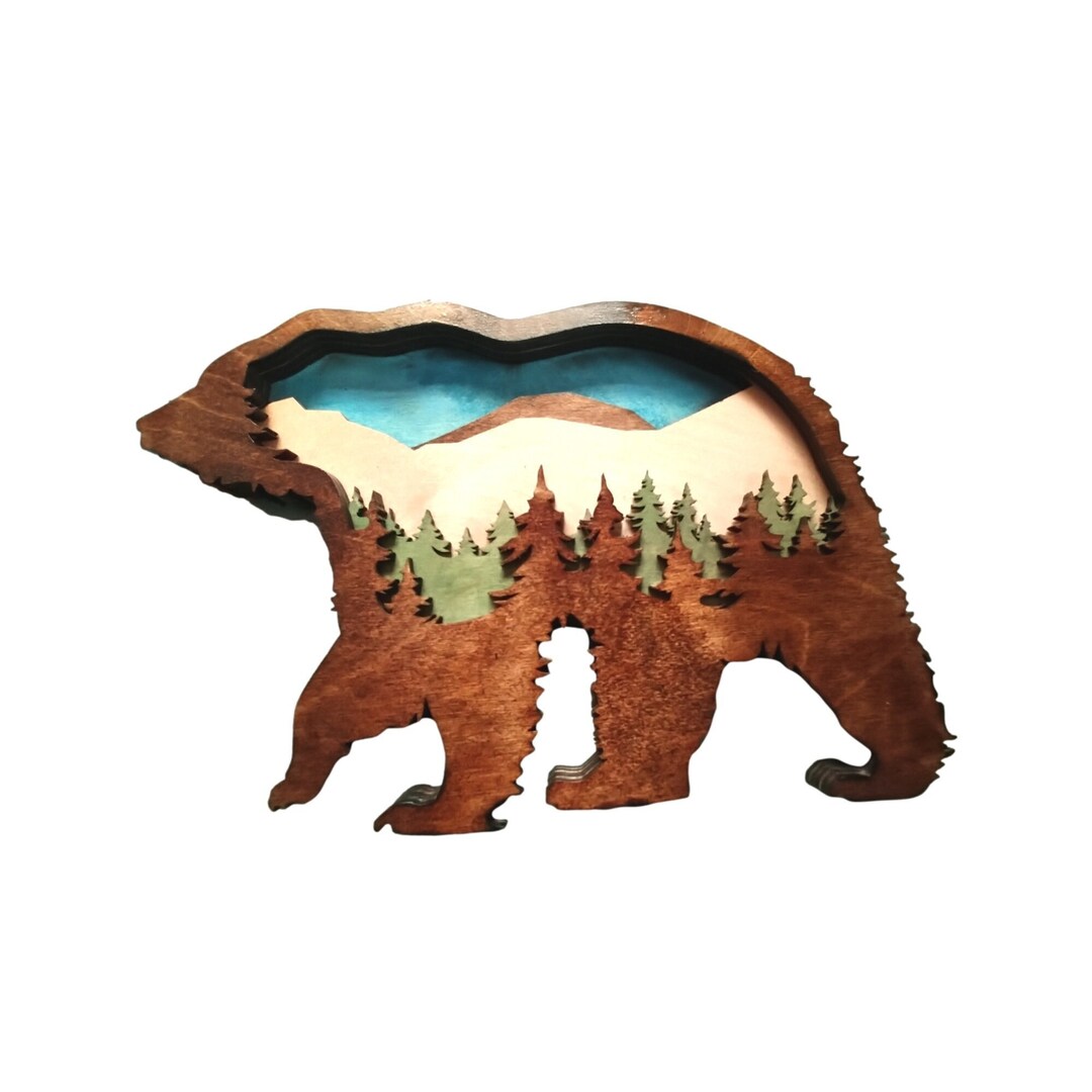 Handcrafted Wooden Bear Silhouette With Mountain and Forest Scene ...