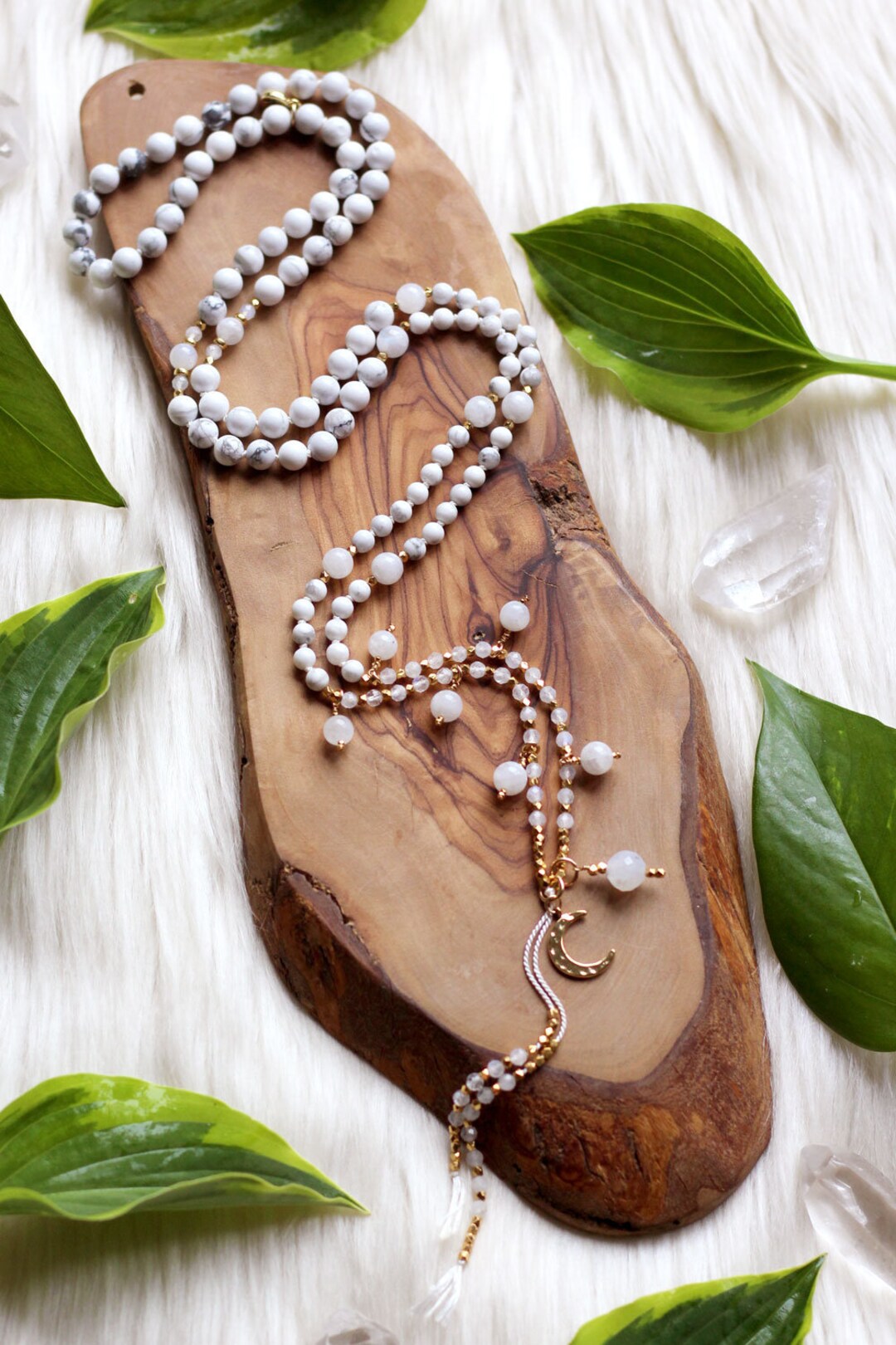 Ecliptic Moon Mala White Howlite X Moonstone 108 Meditation Beads, 14k ...