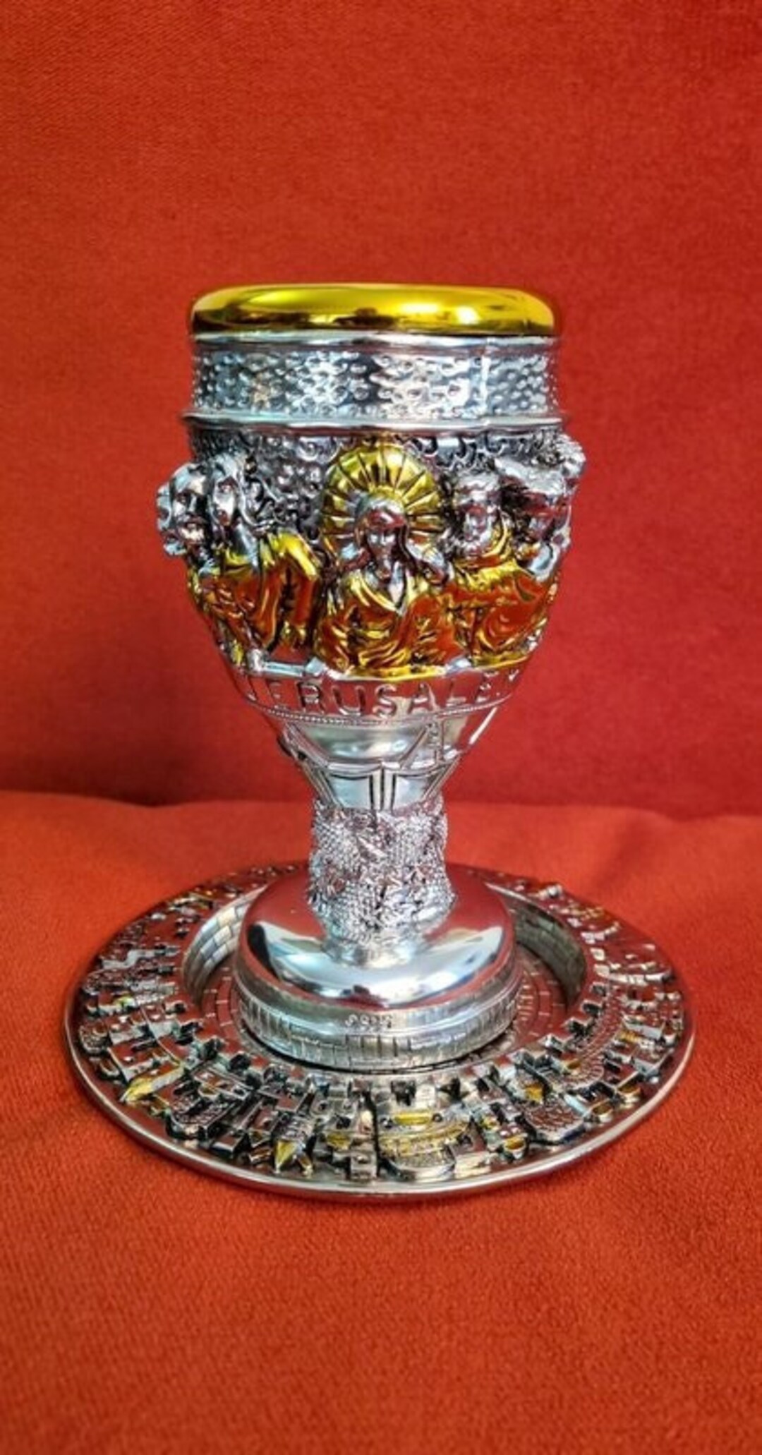 Silver Coated 925 Communion Cup Grail Goblet Jerusalem Cross and Last ...