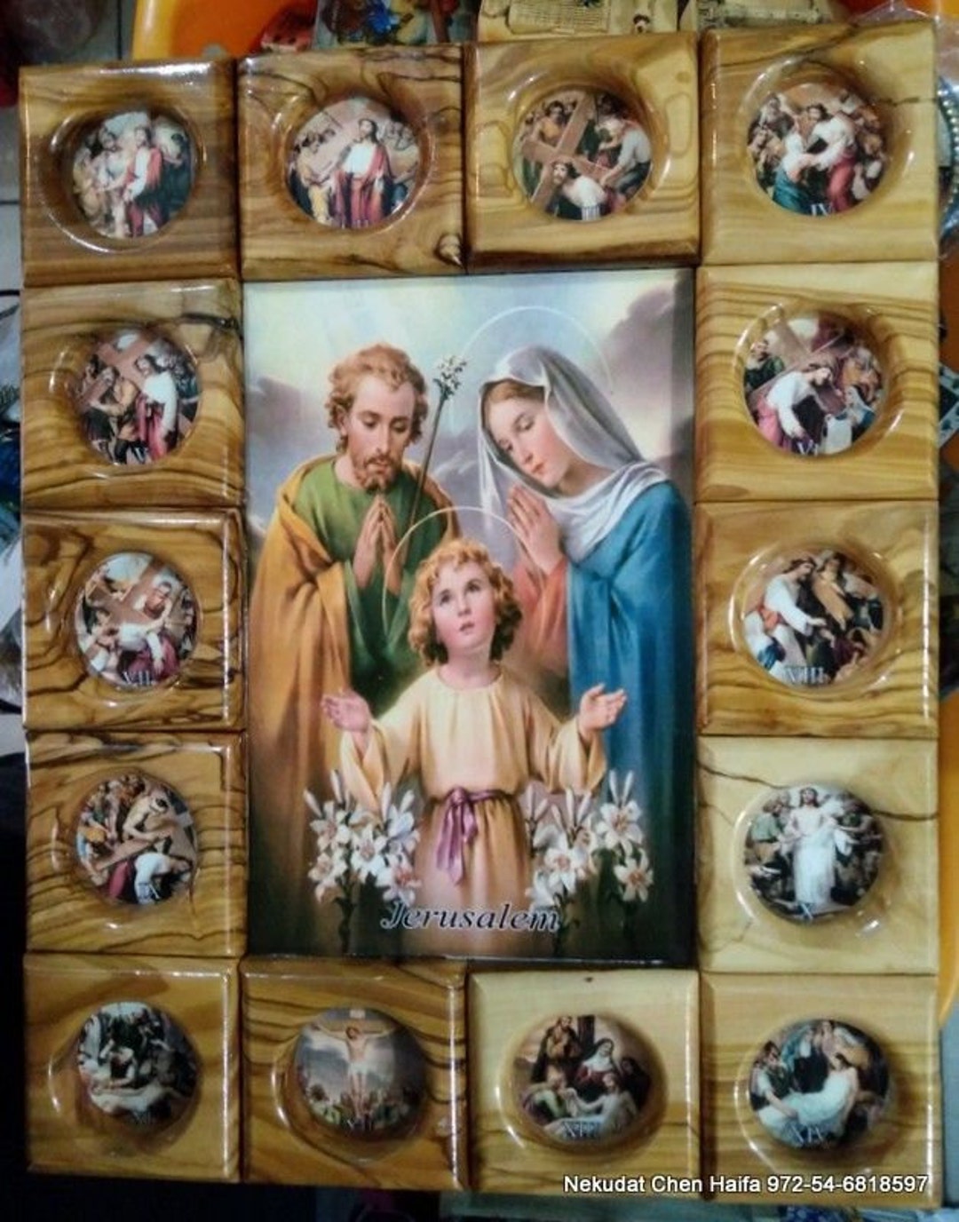 Olive Wood Hand Made Holy Family Icon With 14 Stations of the Cross ...