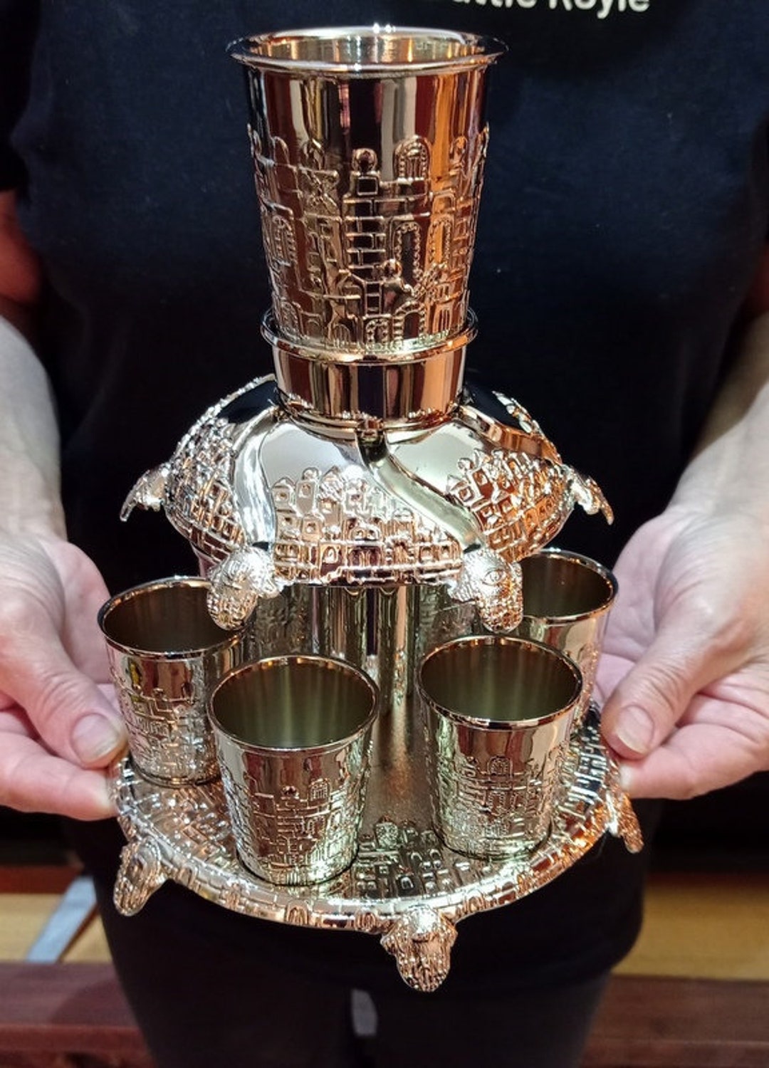 Unique Shabbat Wine Fountain Kidush & 7cups Goblets Silver Tone Coated ...